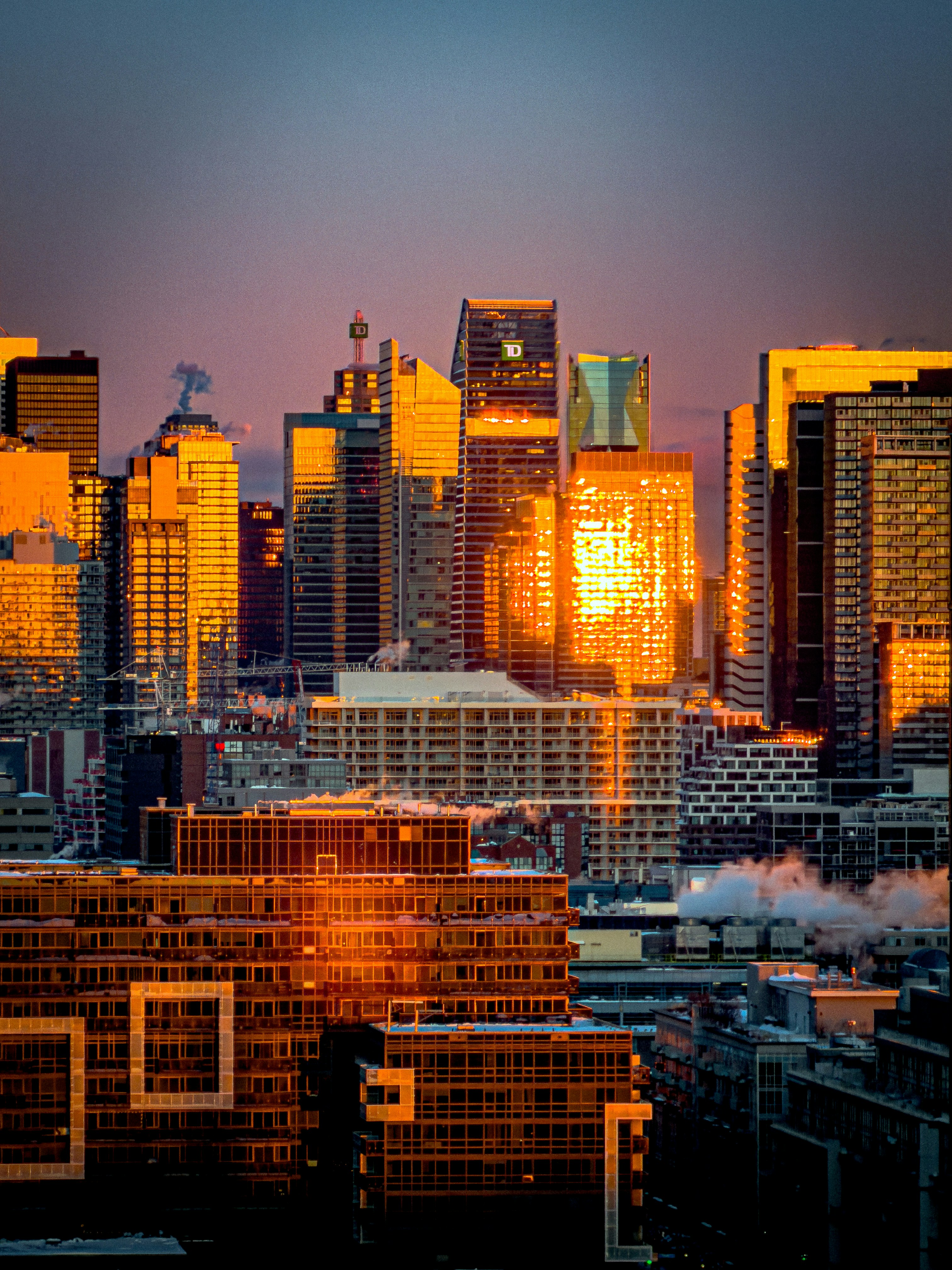 Sunlit Glass City: Golden Towers Reflect the Dusk