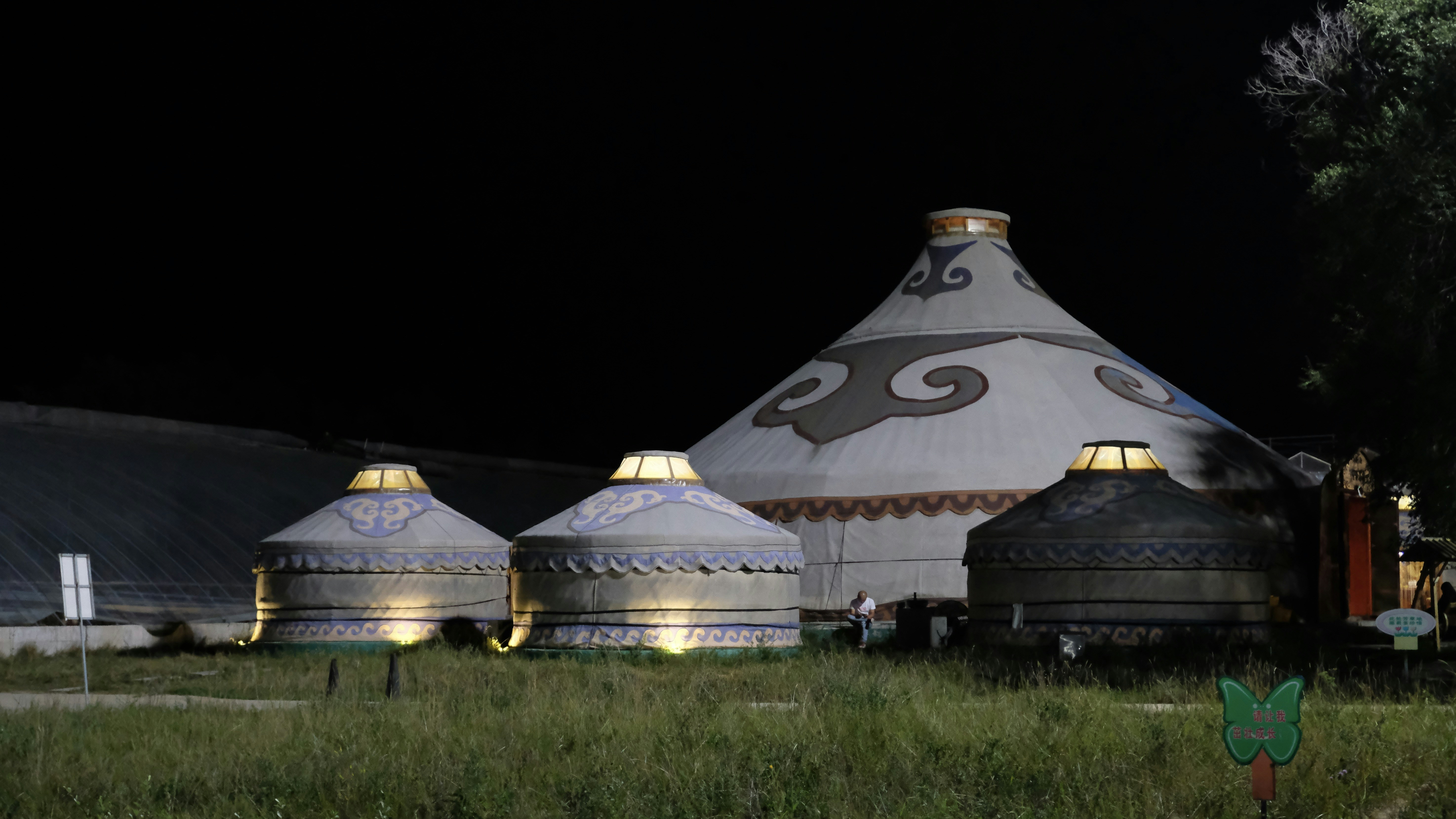 Moonlit Yurts: Quiet Encampment Under Night Sky