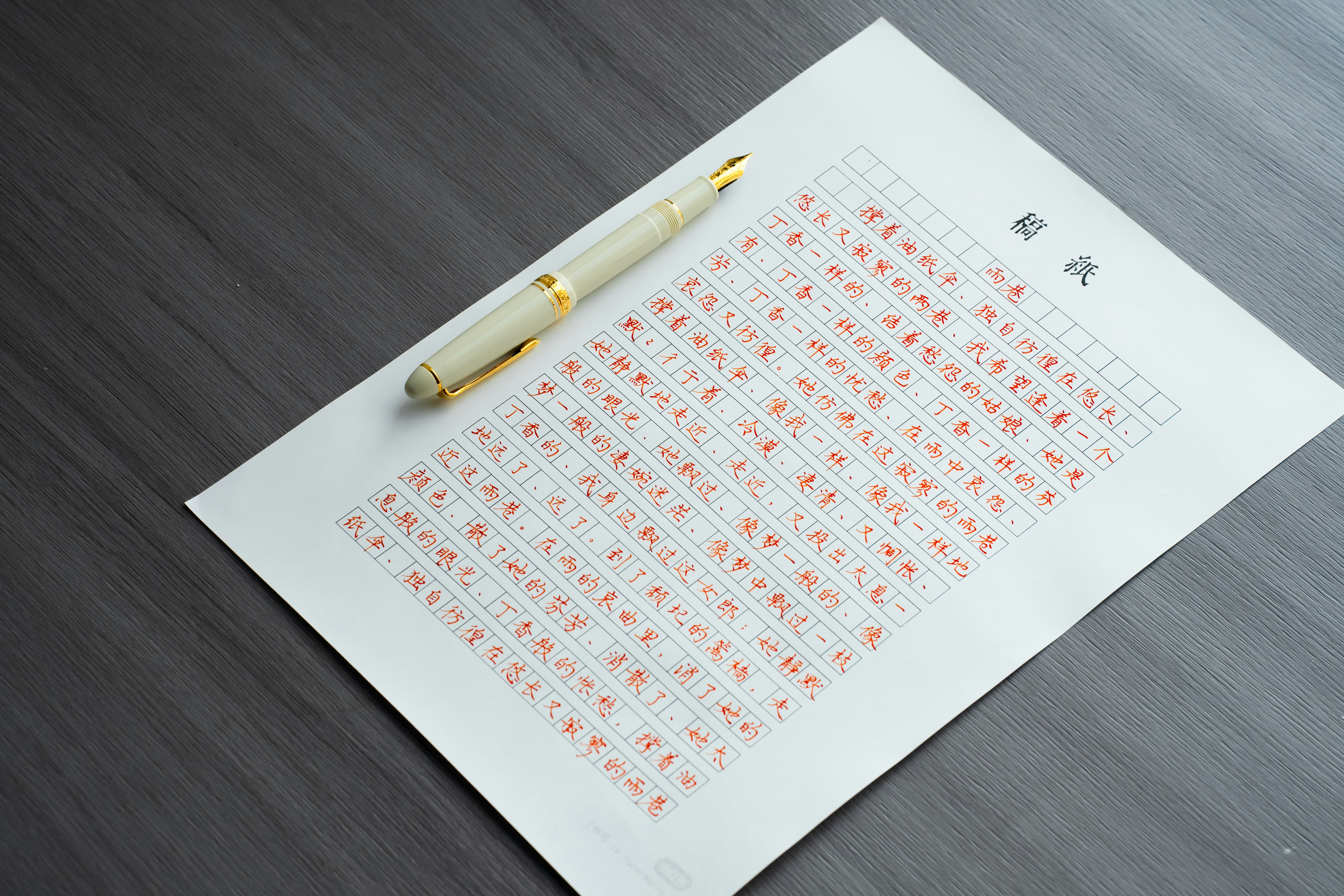 Formal Document on a Desk: A Pen Resting by a Page of Chinese Characters