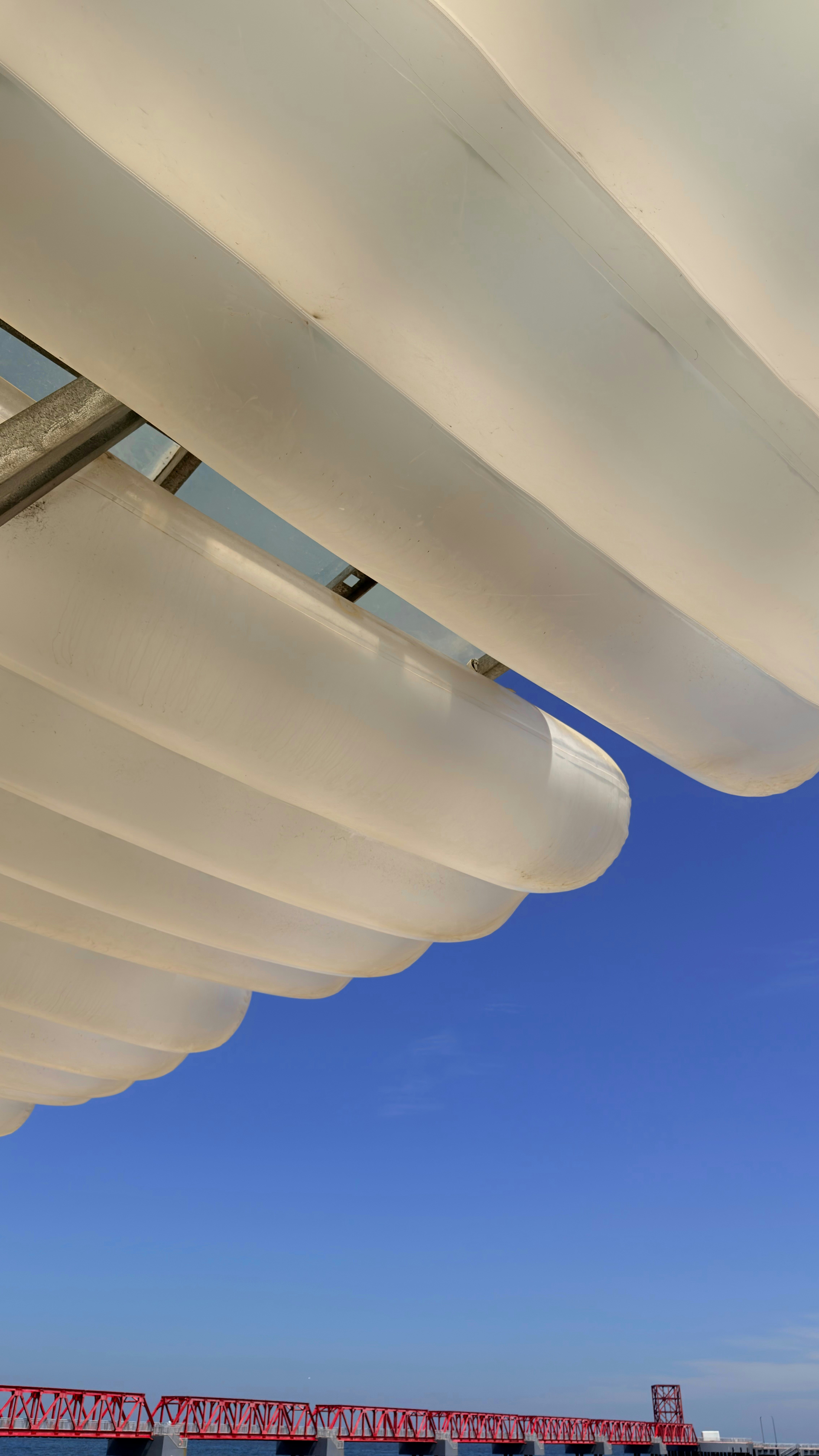 Windward Slats: A Low-Angle Study of Piercing White Canopies Against a Clear Blue Sky