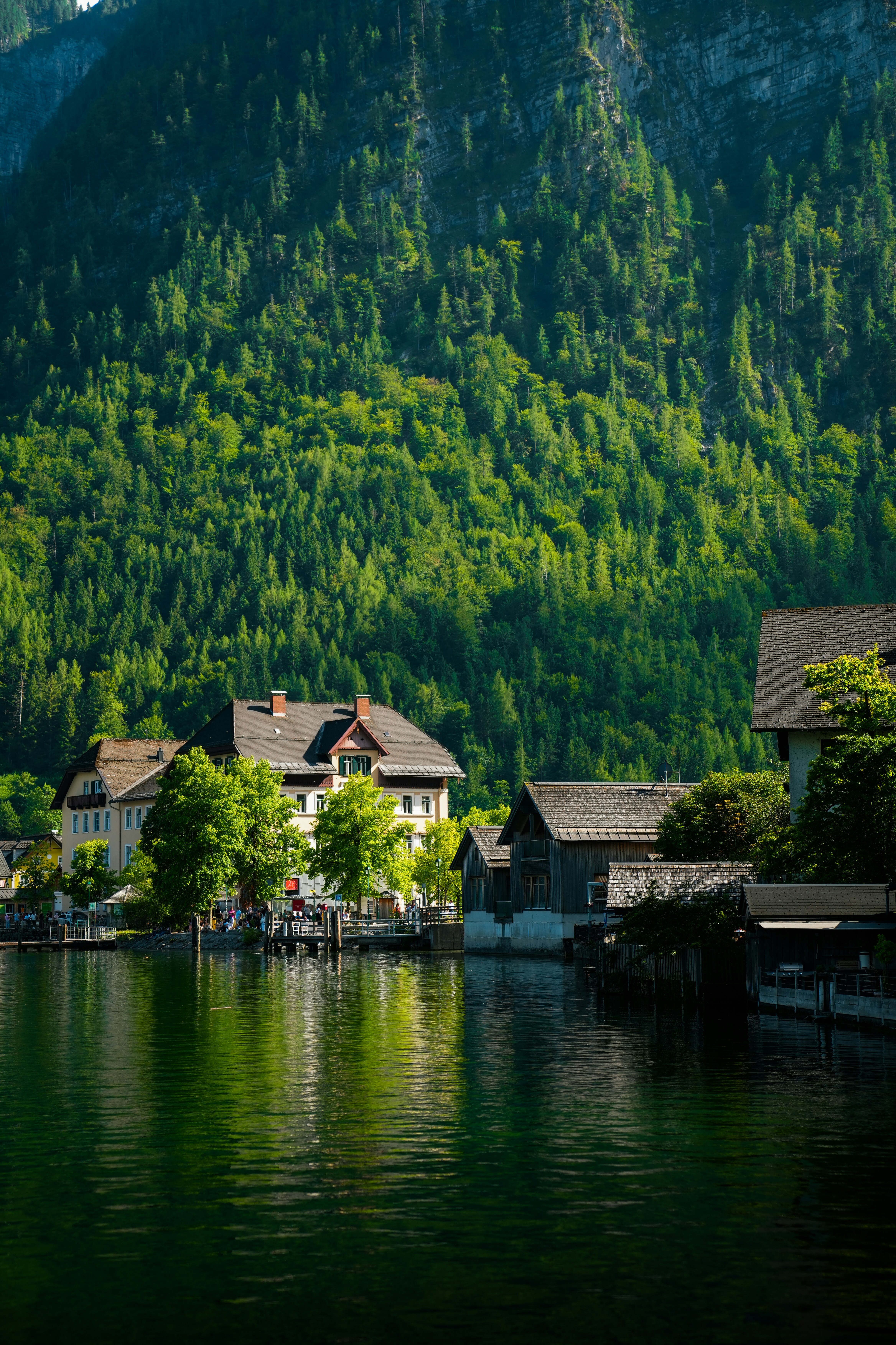 Lakeside Village at the Foot of a Coniferous Wall