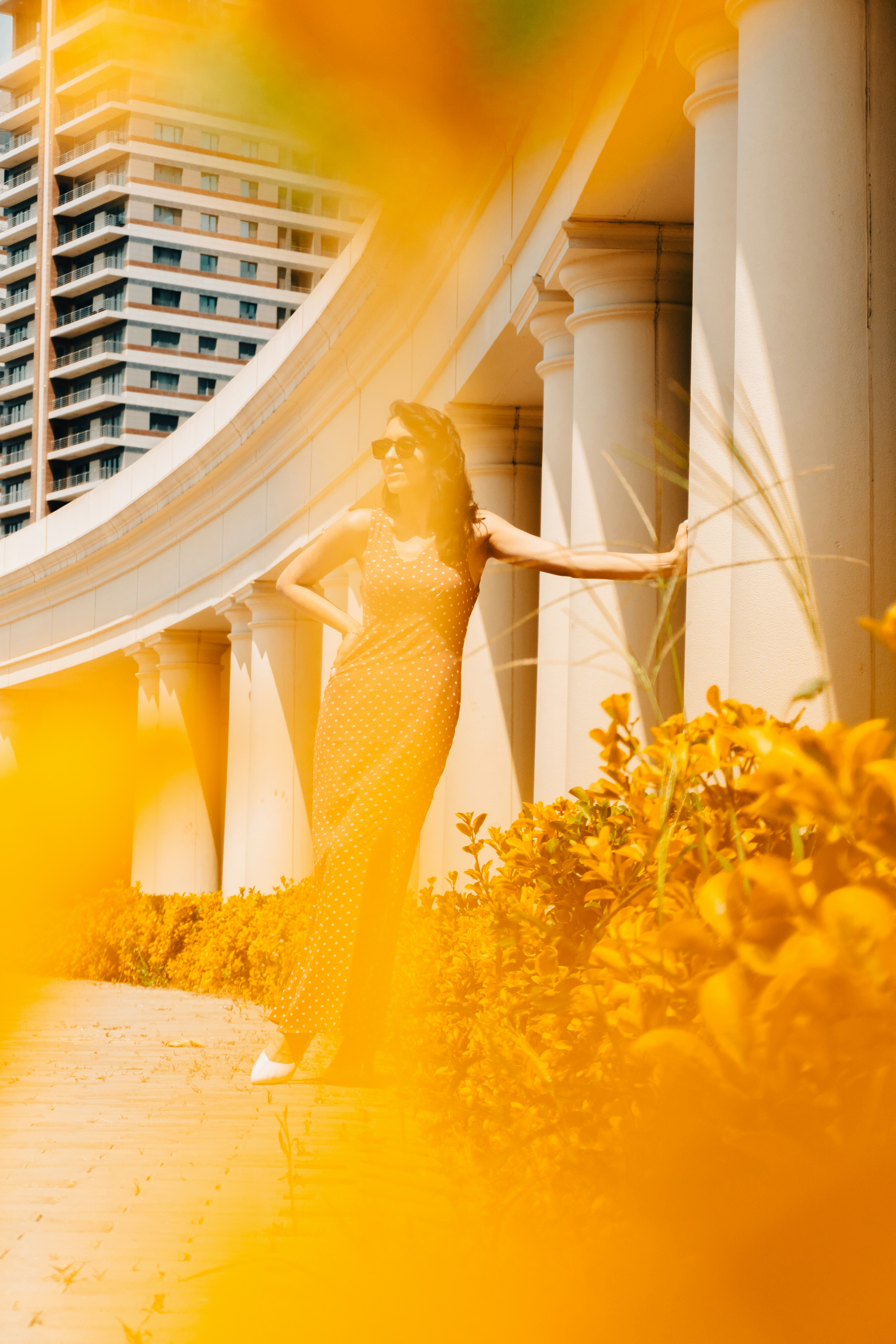 Sunlit Pose beneath Curved Colonnade