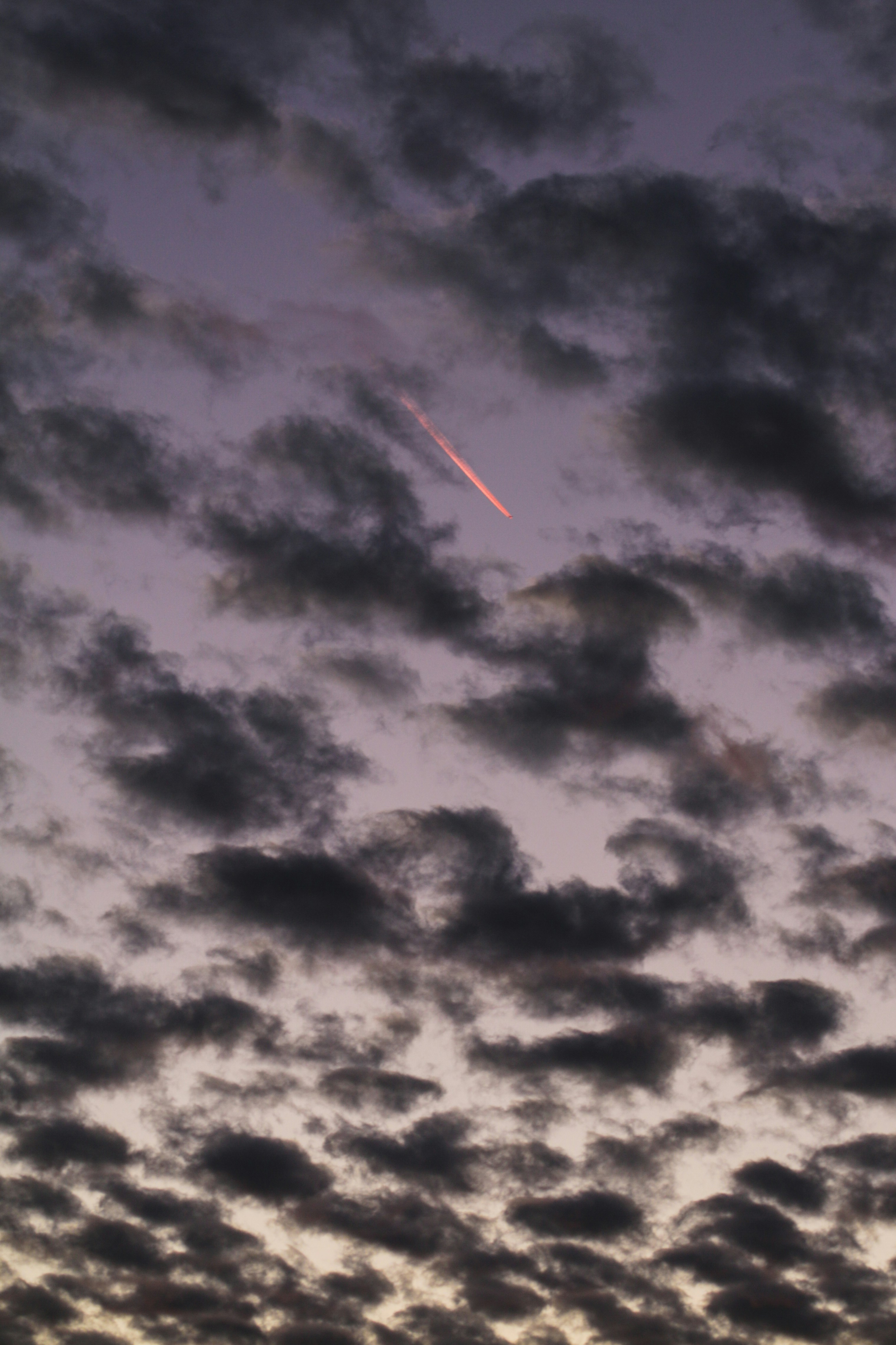 Pink streak through dawn clouds: a smoking comet slipping past a quilted sky