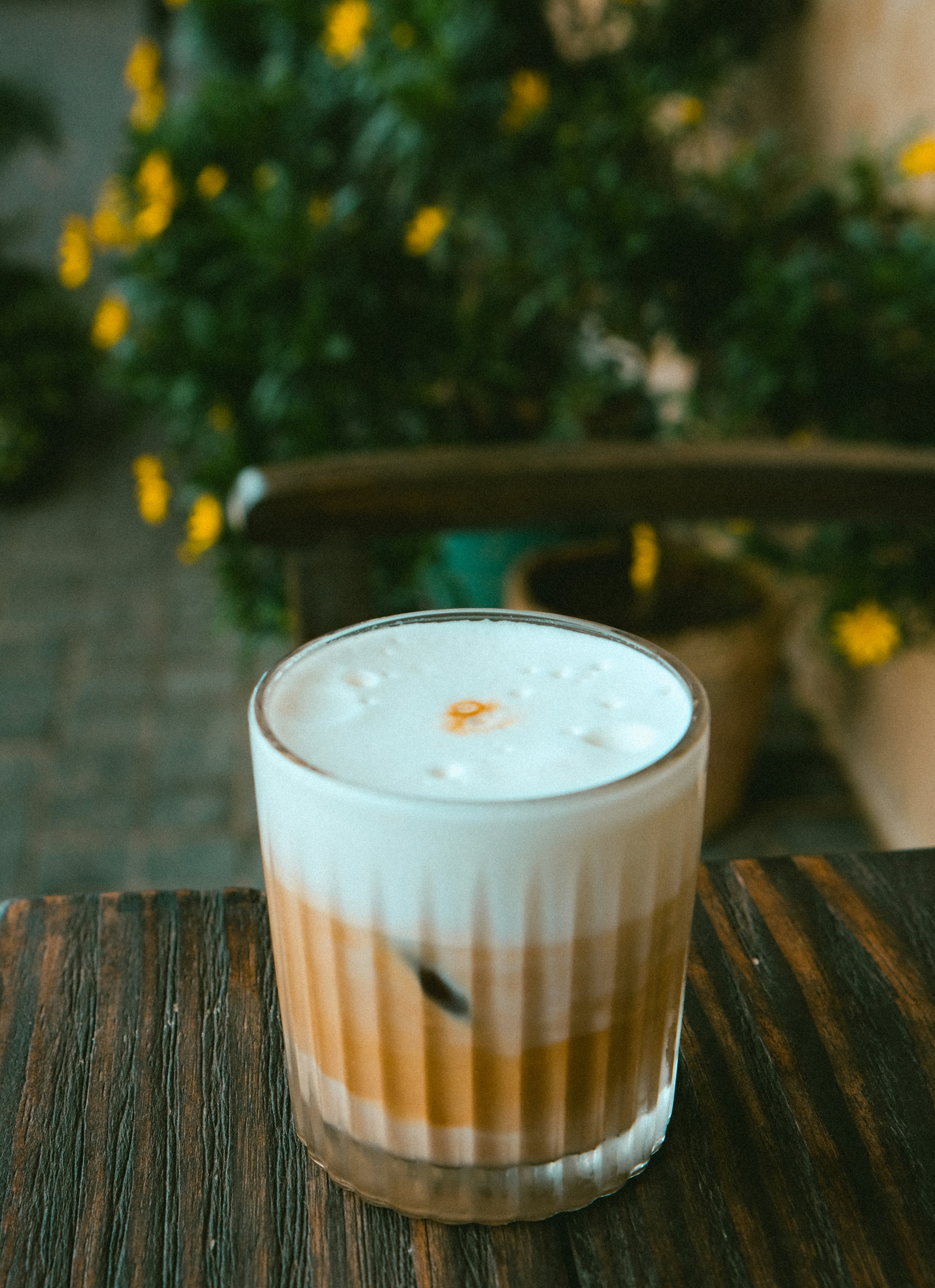 Layered Café Glass: Foam, Coffee, and Quiet Garden