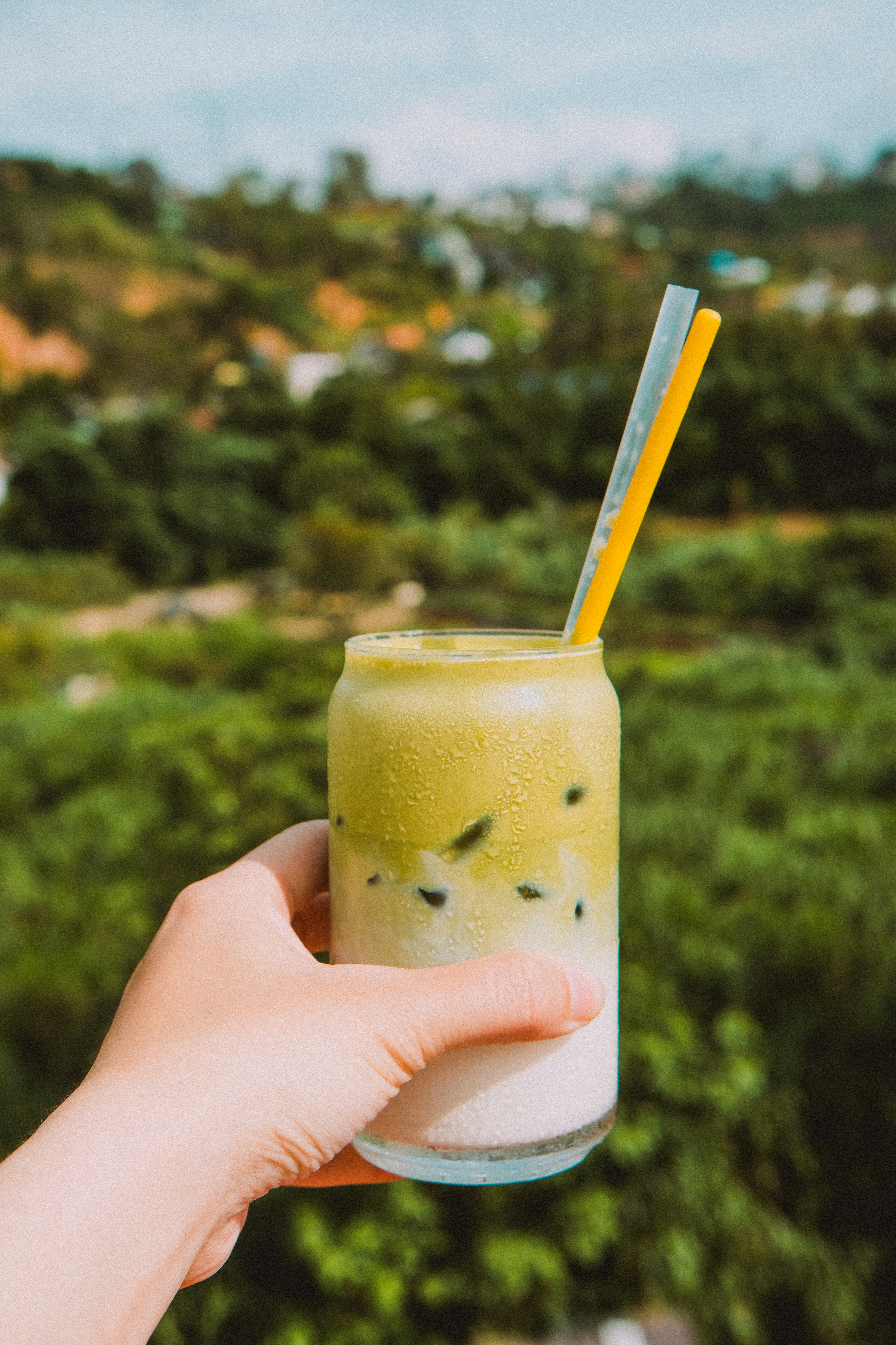 Sunset Glow: A Cold-Pressed Drink Held Against a Verdant Backdrop