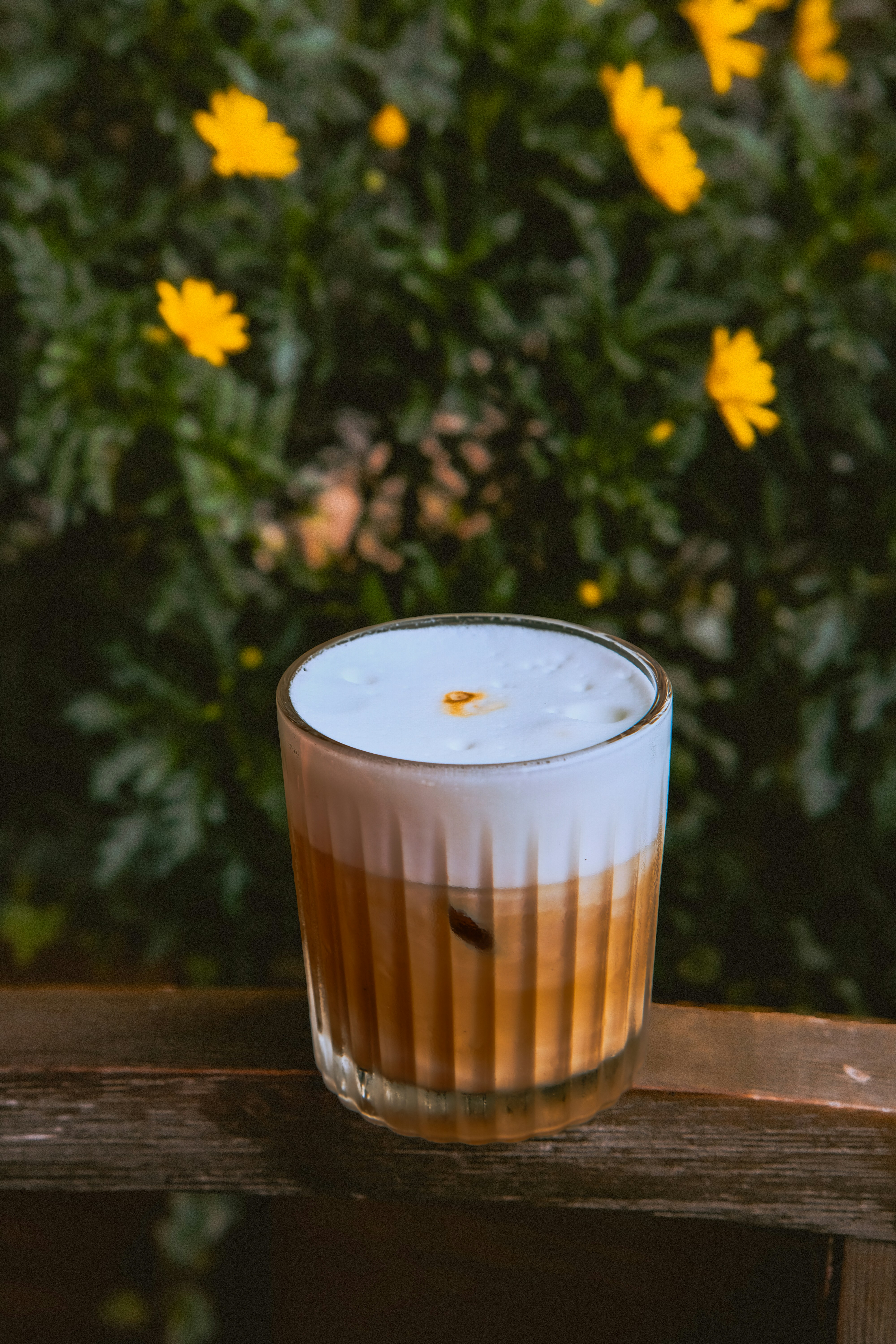 Foamy Velvet: A Latte with Frosted Foam on a Wooden Deck