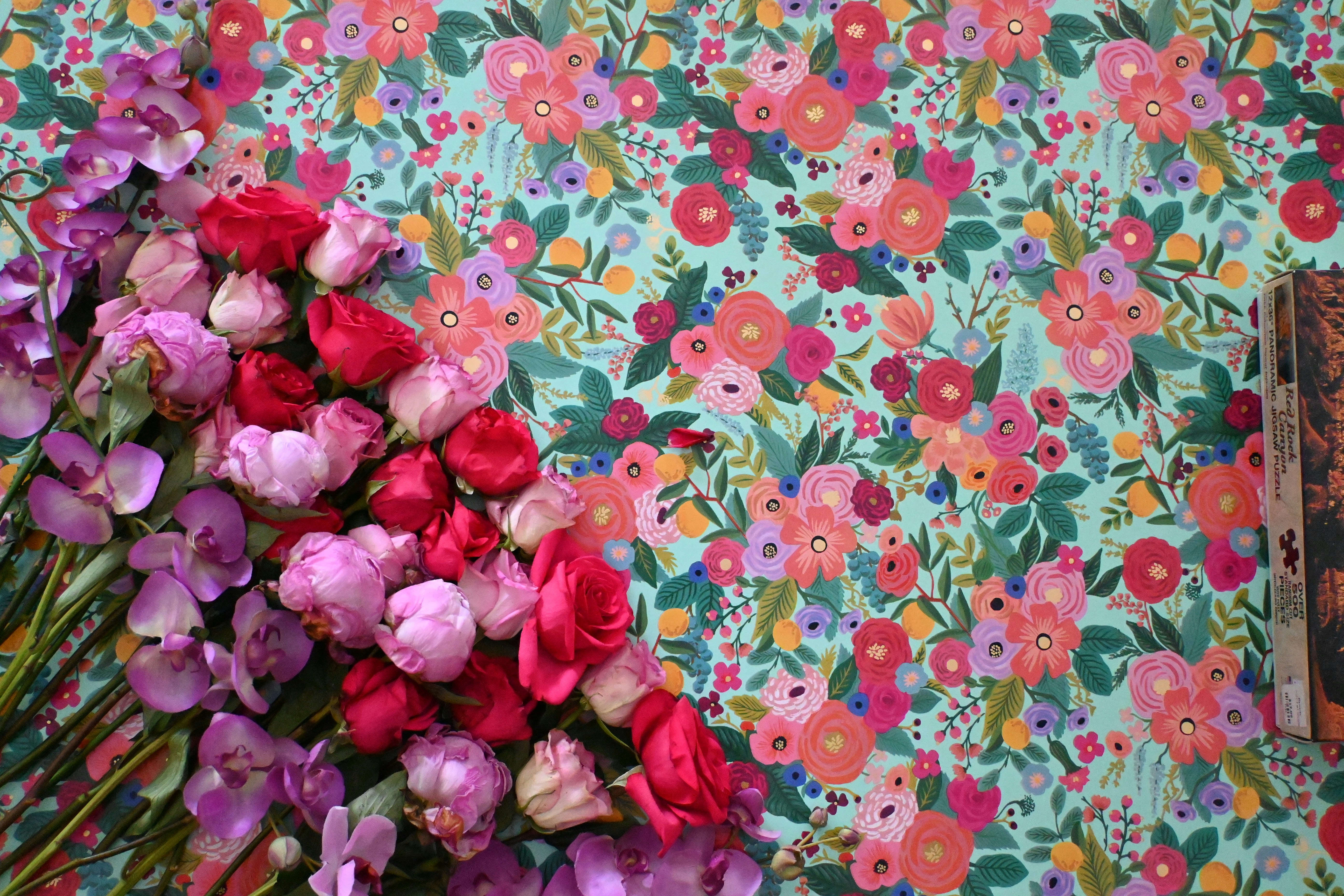 Bouquet Meets Floral wallpaper: a clash of red-pink petals against a turquoise garden