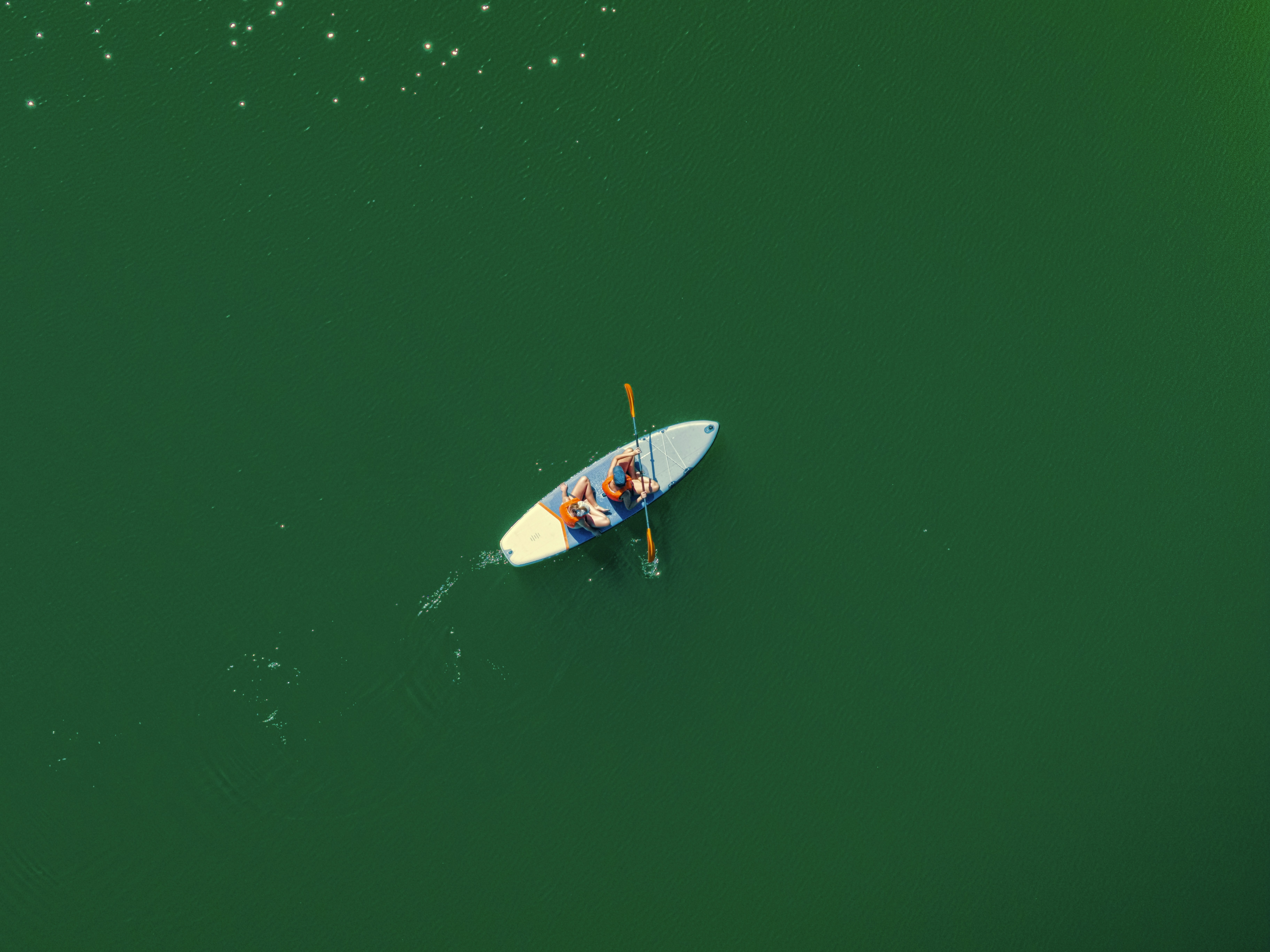 Solitary Paddle: A lone rower traces a quiet path through emerald stillness