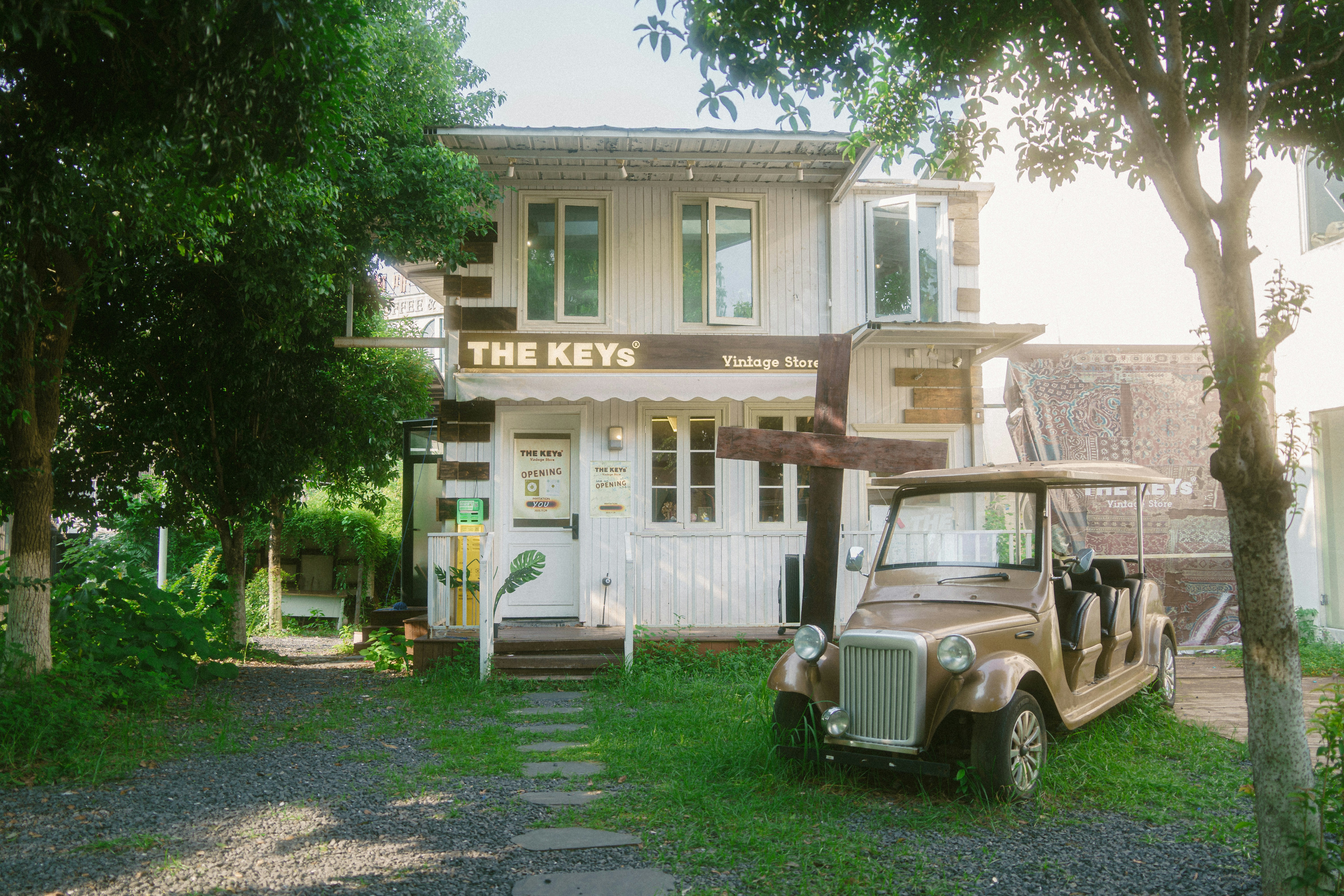 Vintage shopfront and retired taxi under dappled light