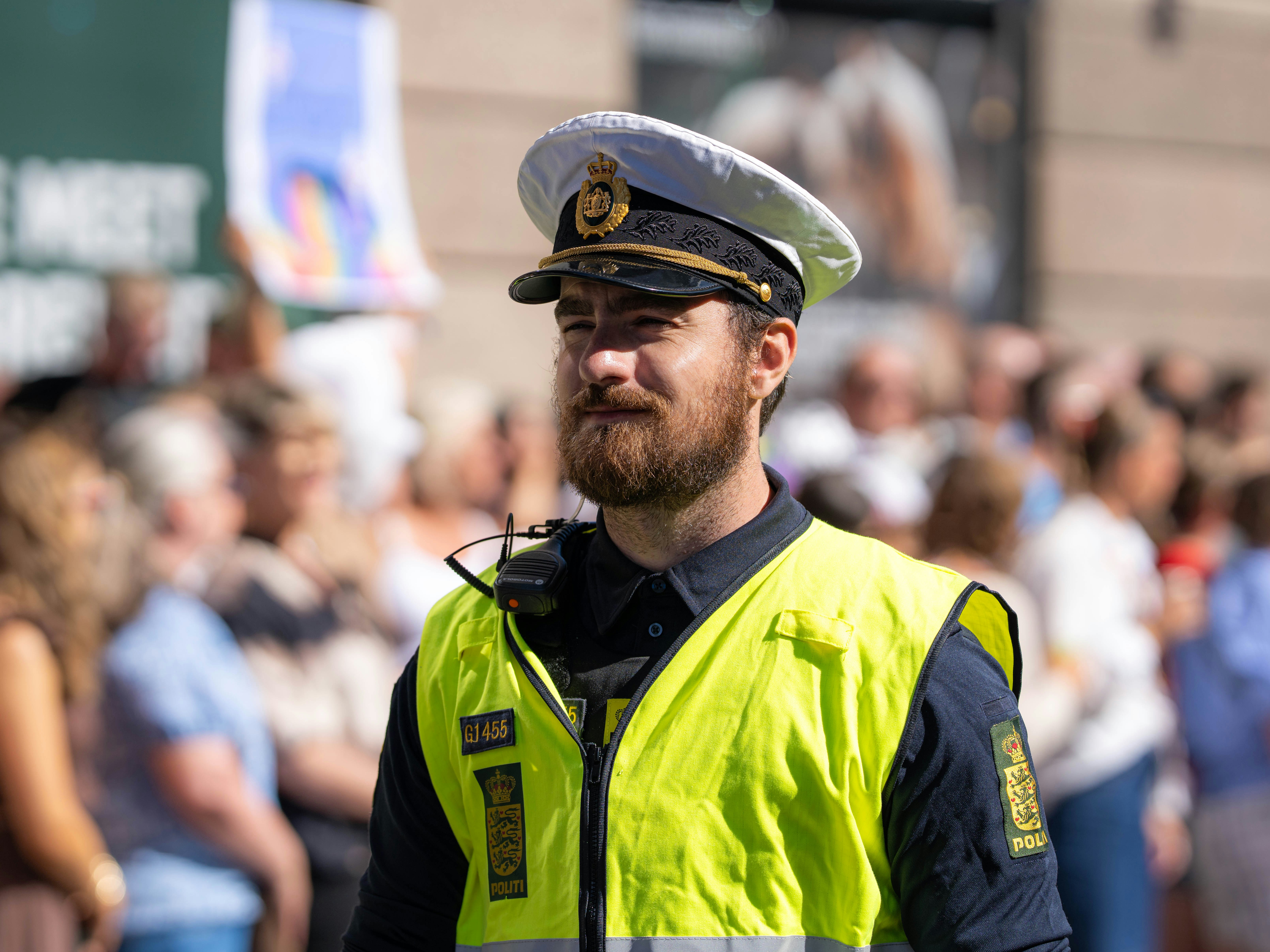 Bright Duty with a Crowd: A Policeman in High-Visibility Vest at a Street Event