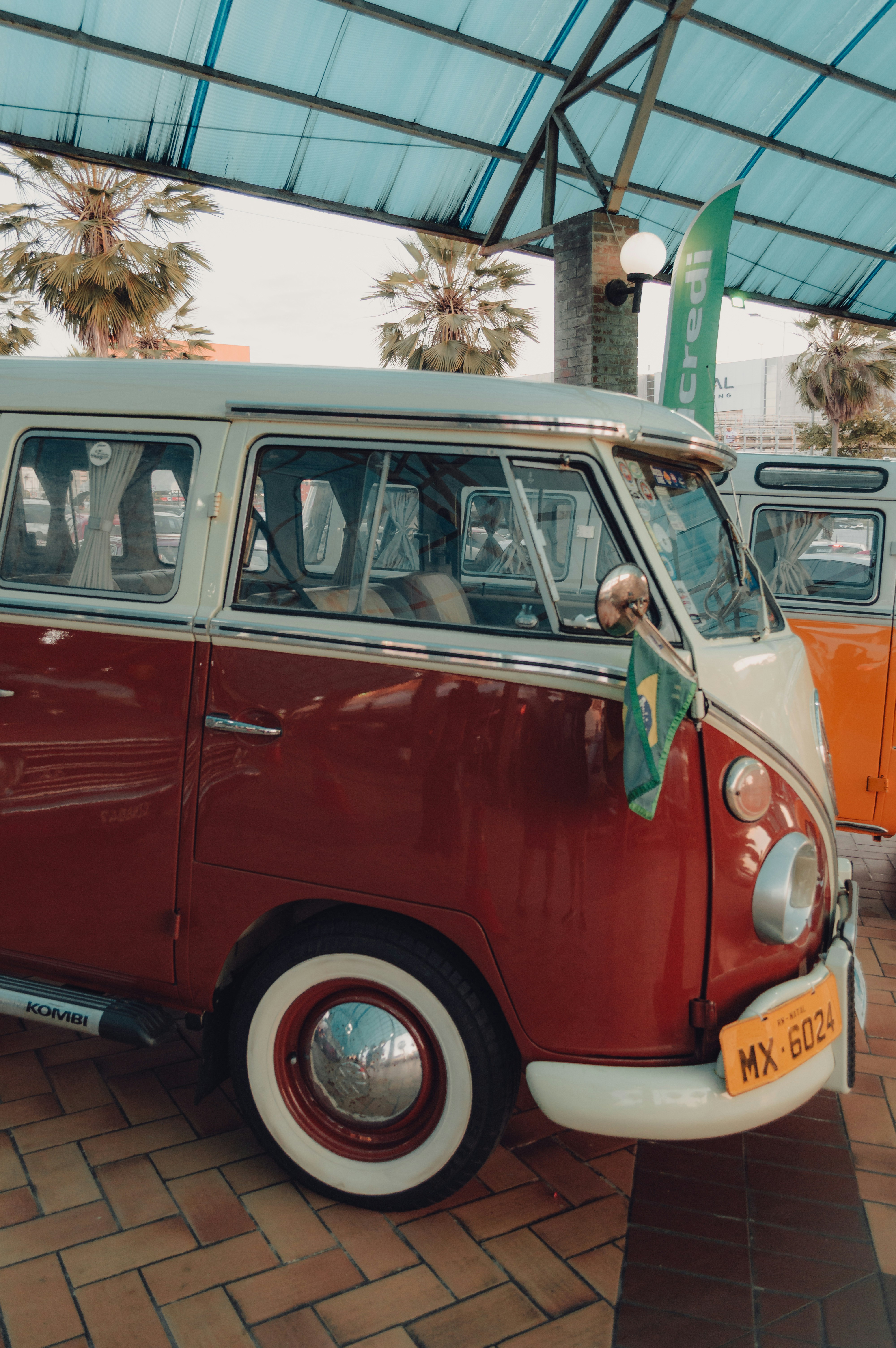 Cherry-Red Classic: A Sunlit Volkswagen at a Palm-Frame Show