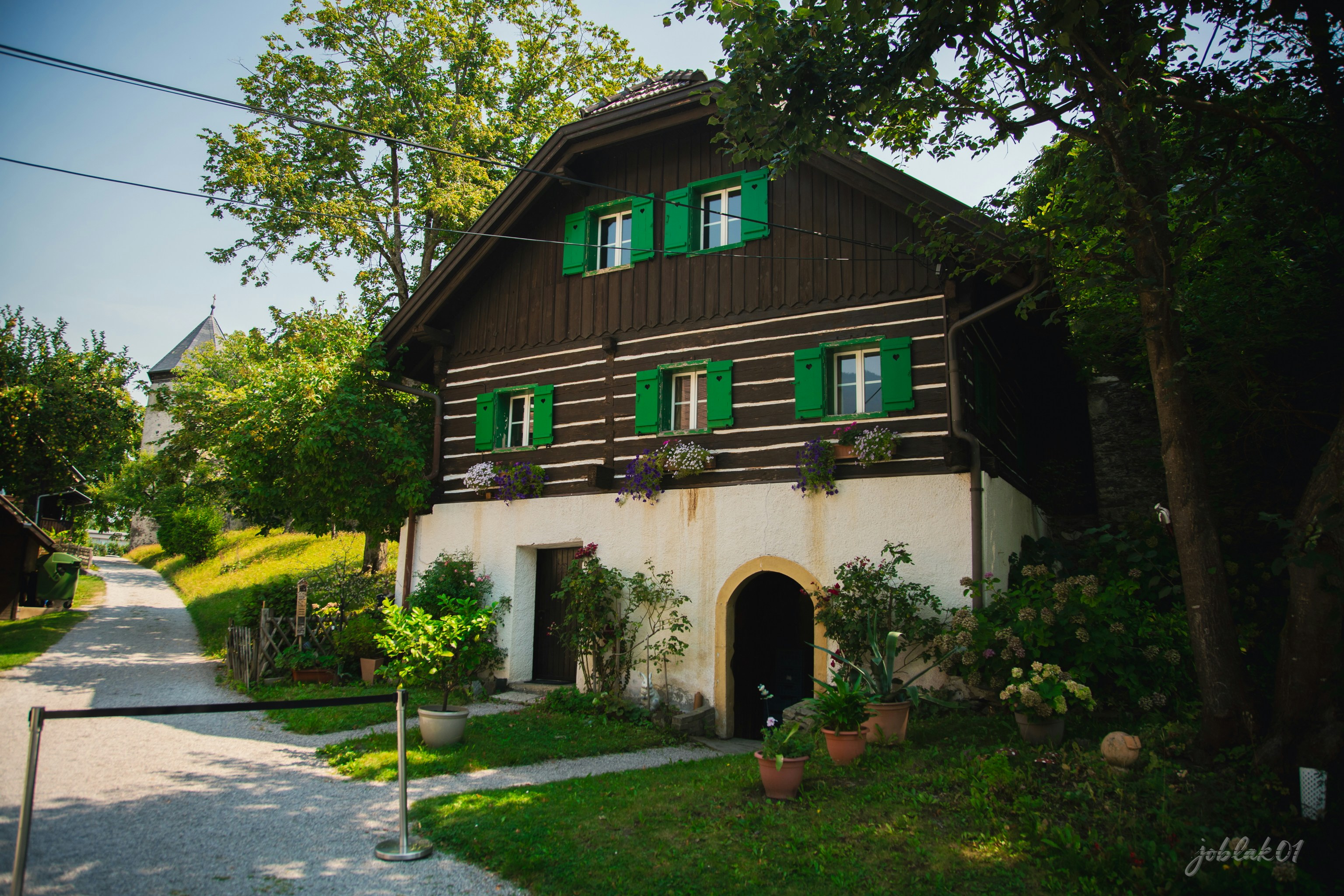 Green-windowed Chalet at the Edge of a Sunlit Path