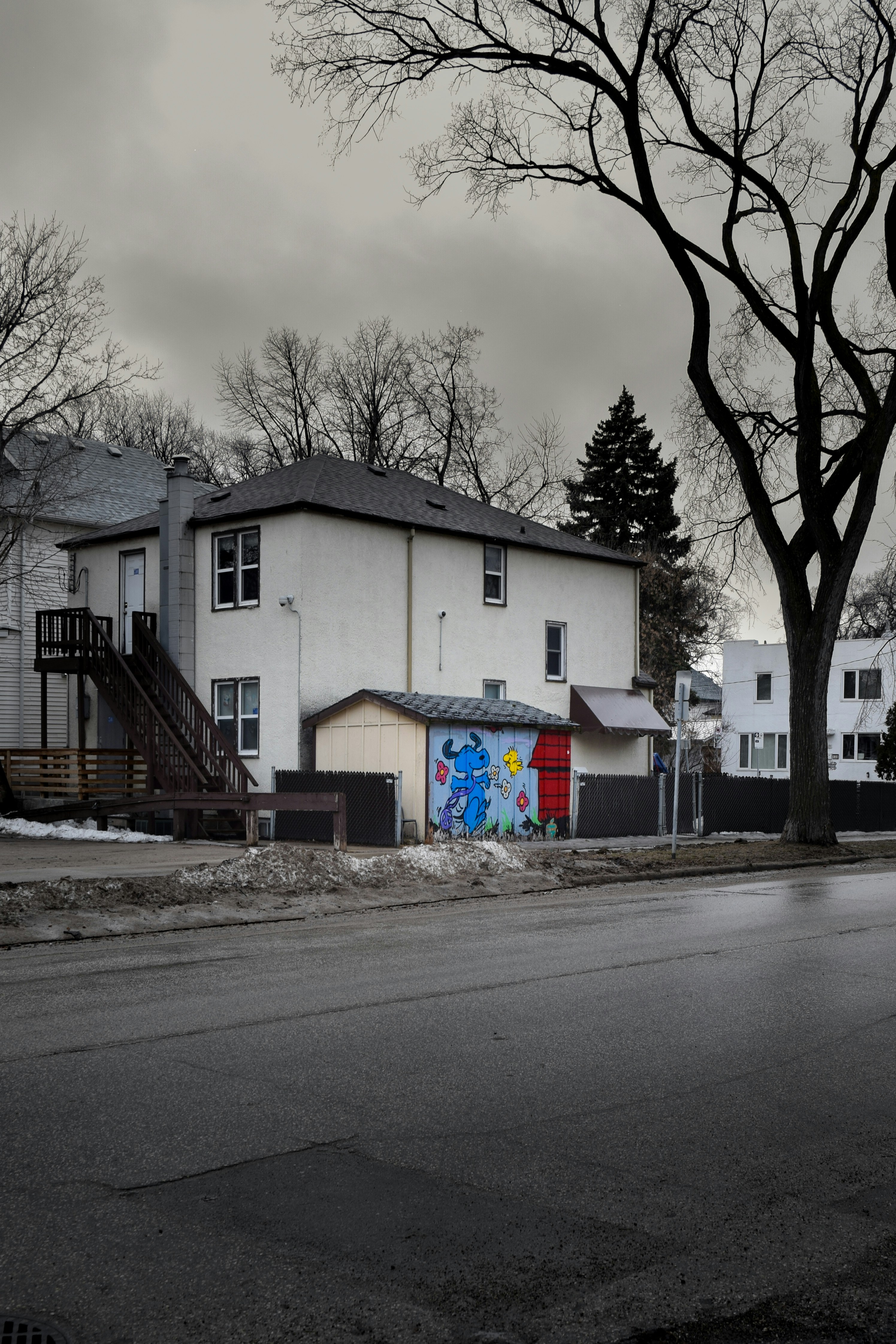 Street mural under overcast skies near a two-story residence