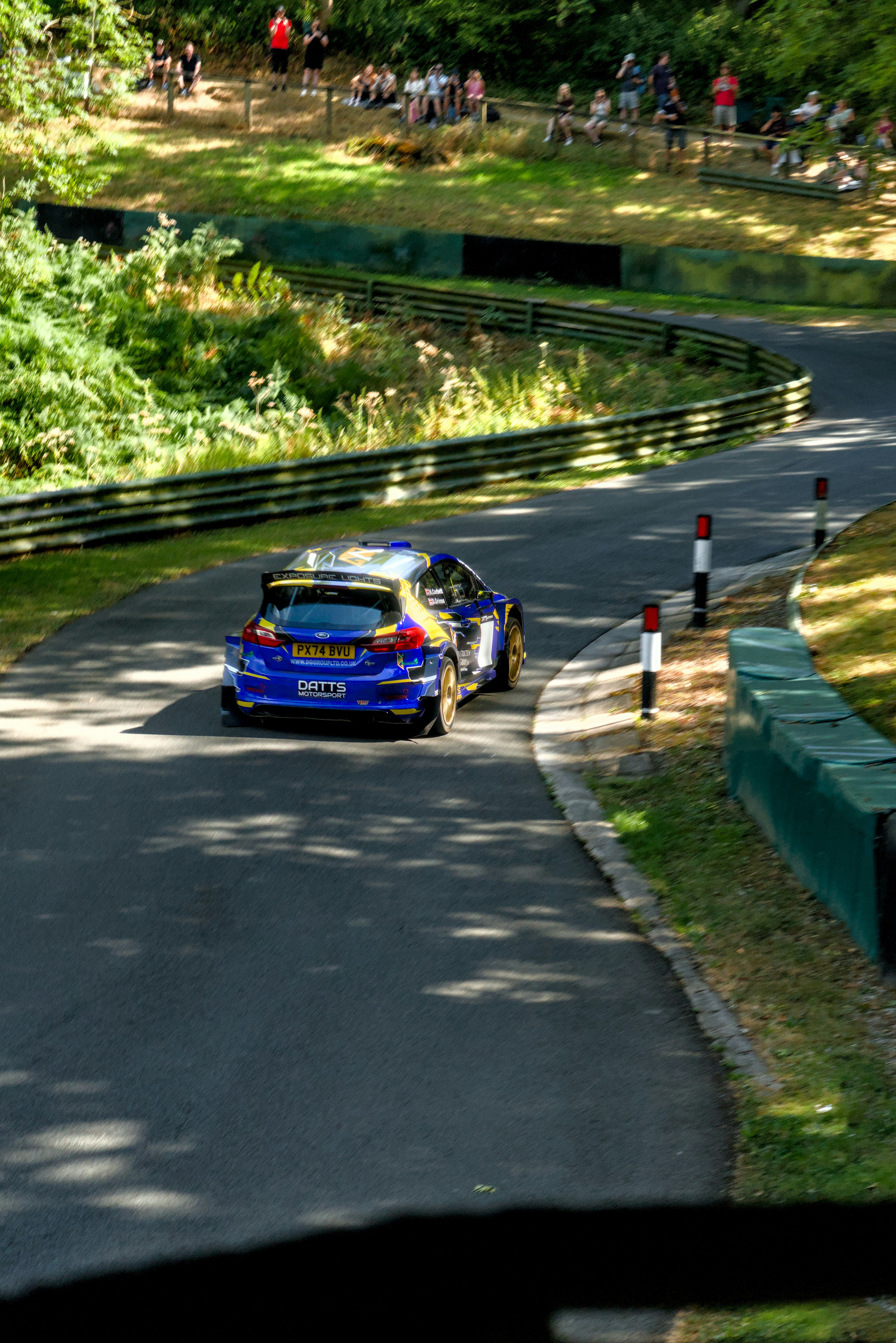 Blue rally car hugging a winding park road amid spectators