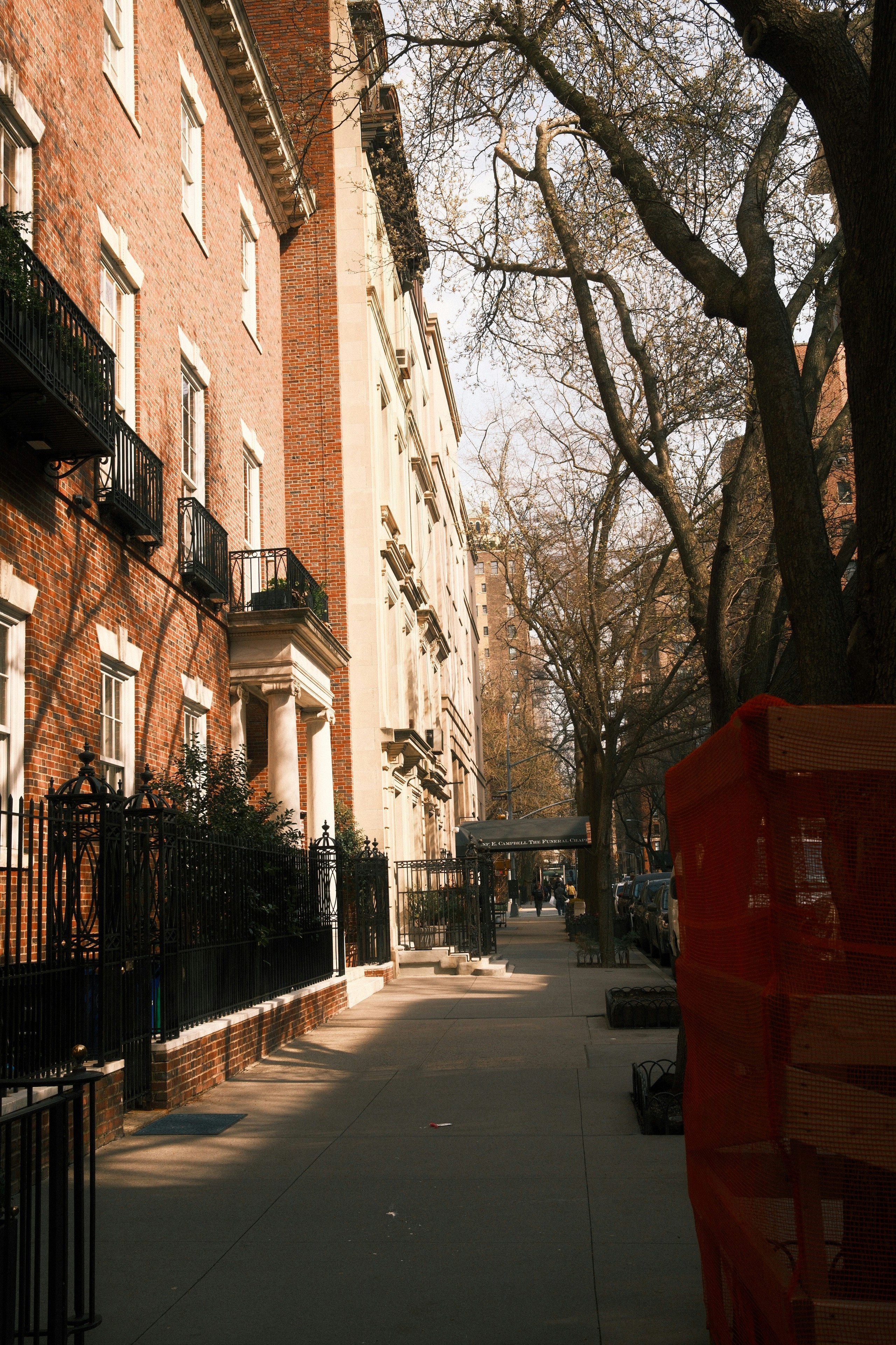 Urban Avenue in Spring Light: Rows of Townhomes and Shaded Sidewalk