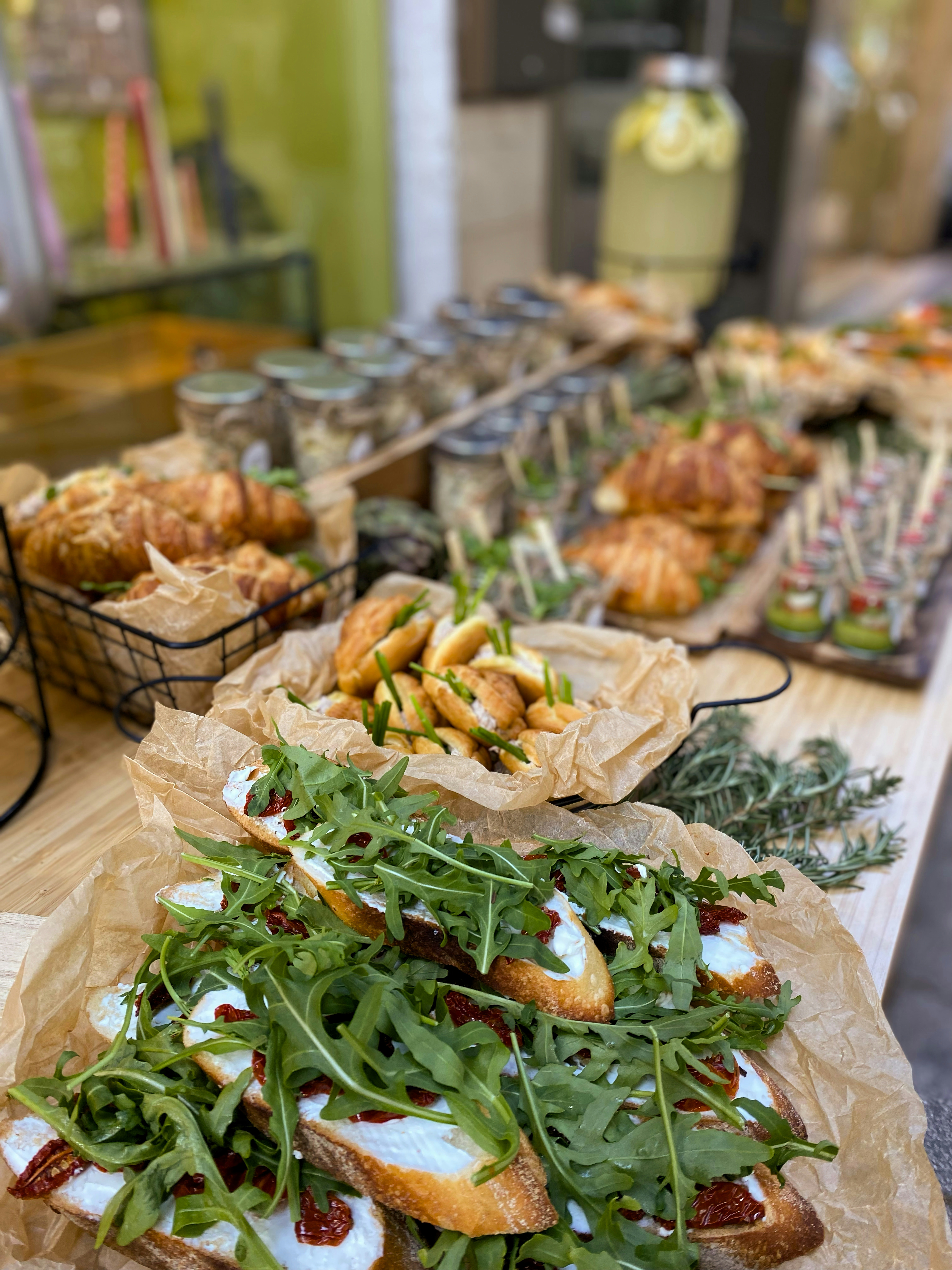 Heritage Bites: Open-Faced Bruschetta Towers at a Market Stand