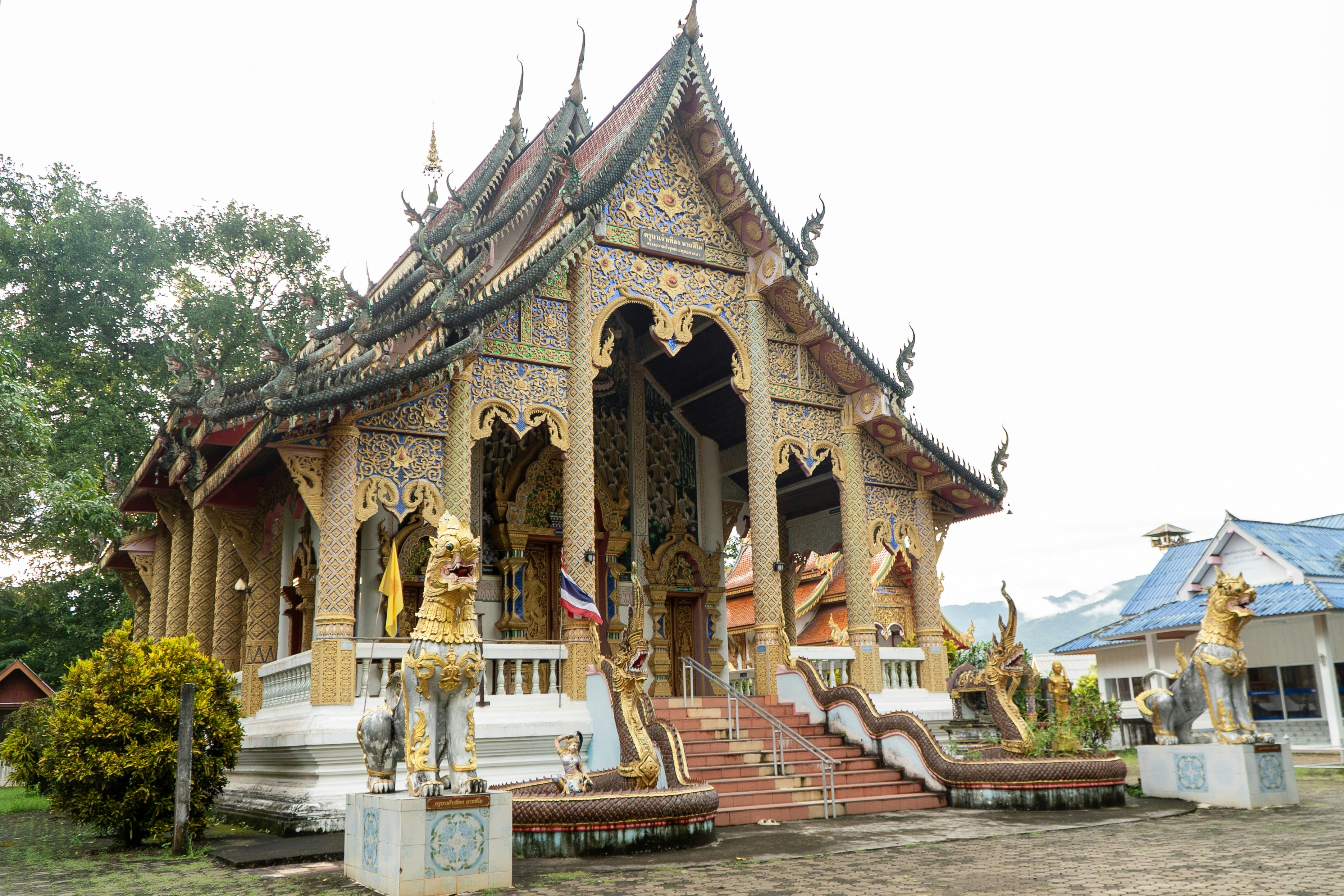 Ornate Temple Gateways: Golden Dragons Guard the Staircase