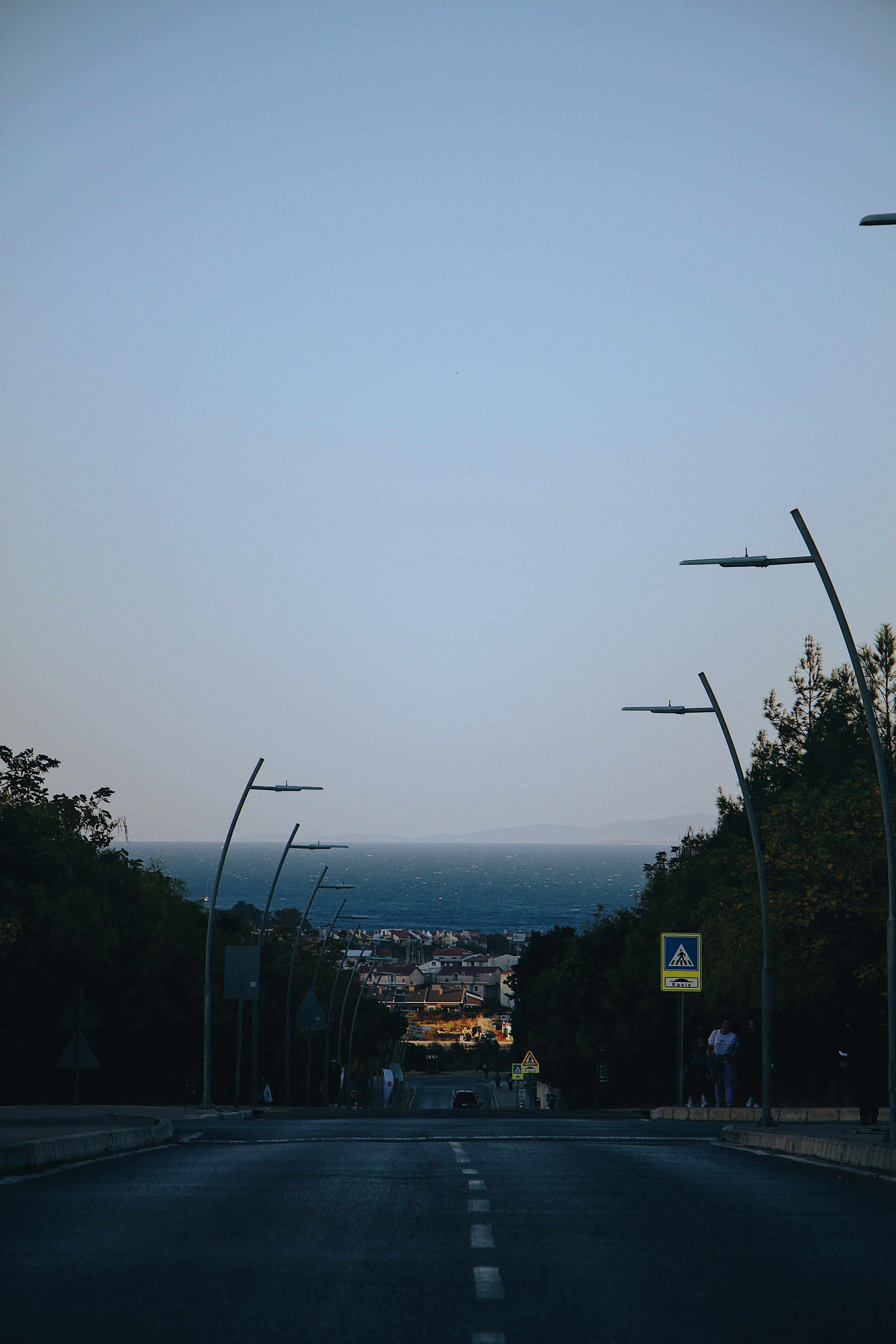 Descent into the Coastal City: Streetlights Guiding the Way