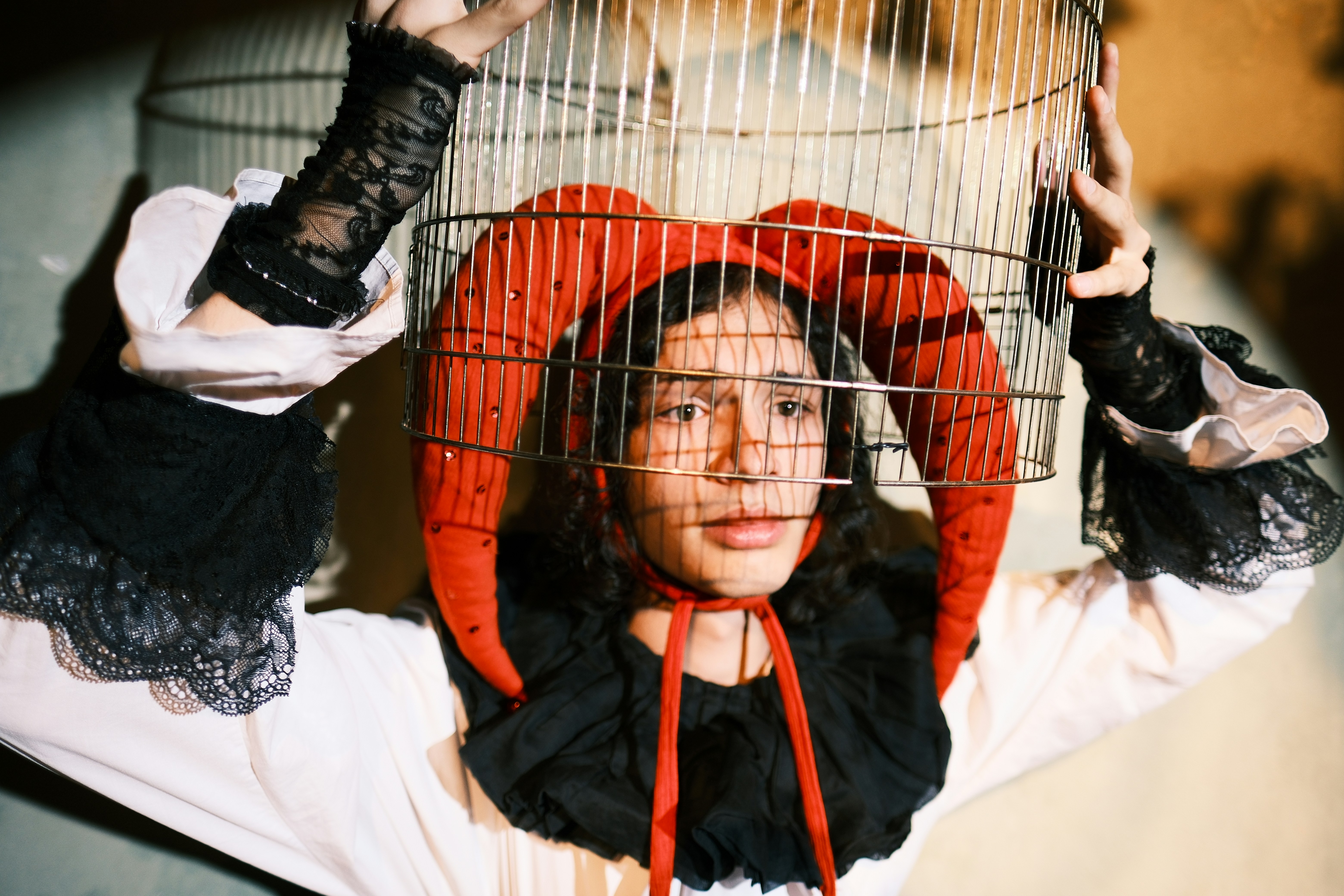 A performer suspended in a birdcage headdress, mid-performance