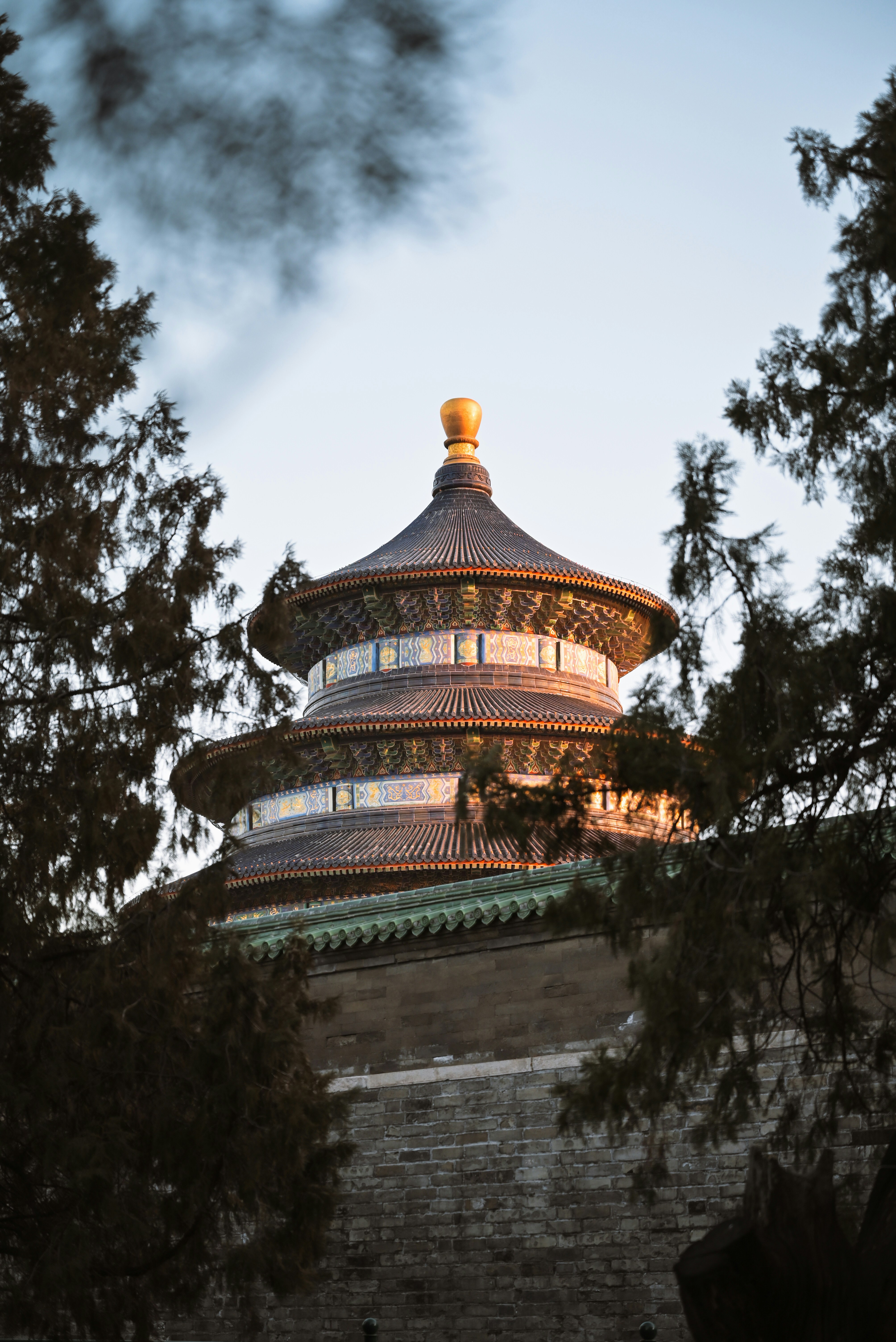 Temple in the Dusk: The Pearl-Trimmed Turret Peeks Through Evergreen Veil