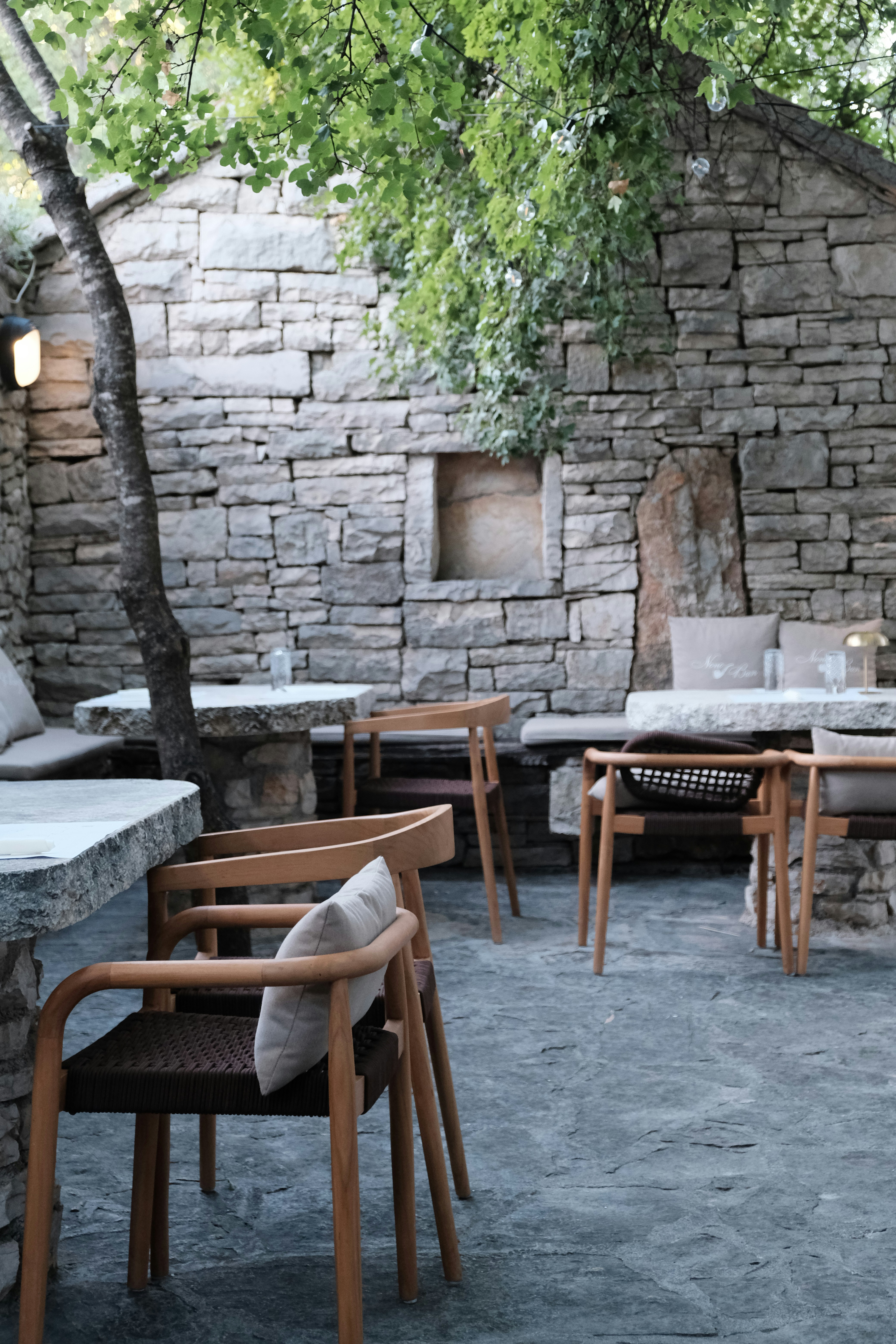 Stone Terrace Café Under Green Canopy