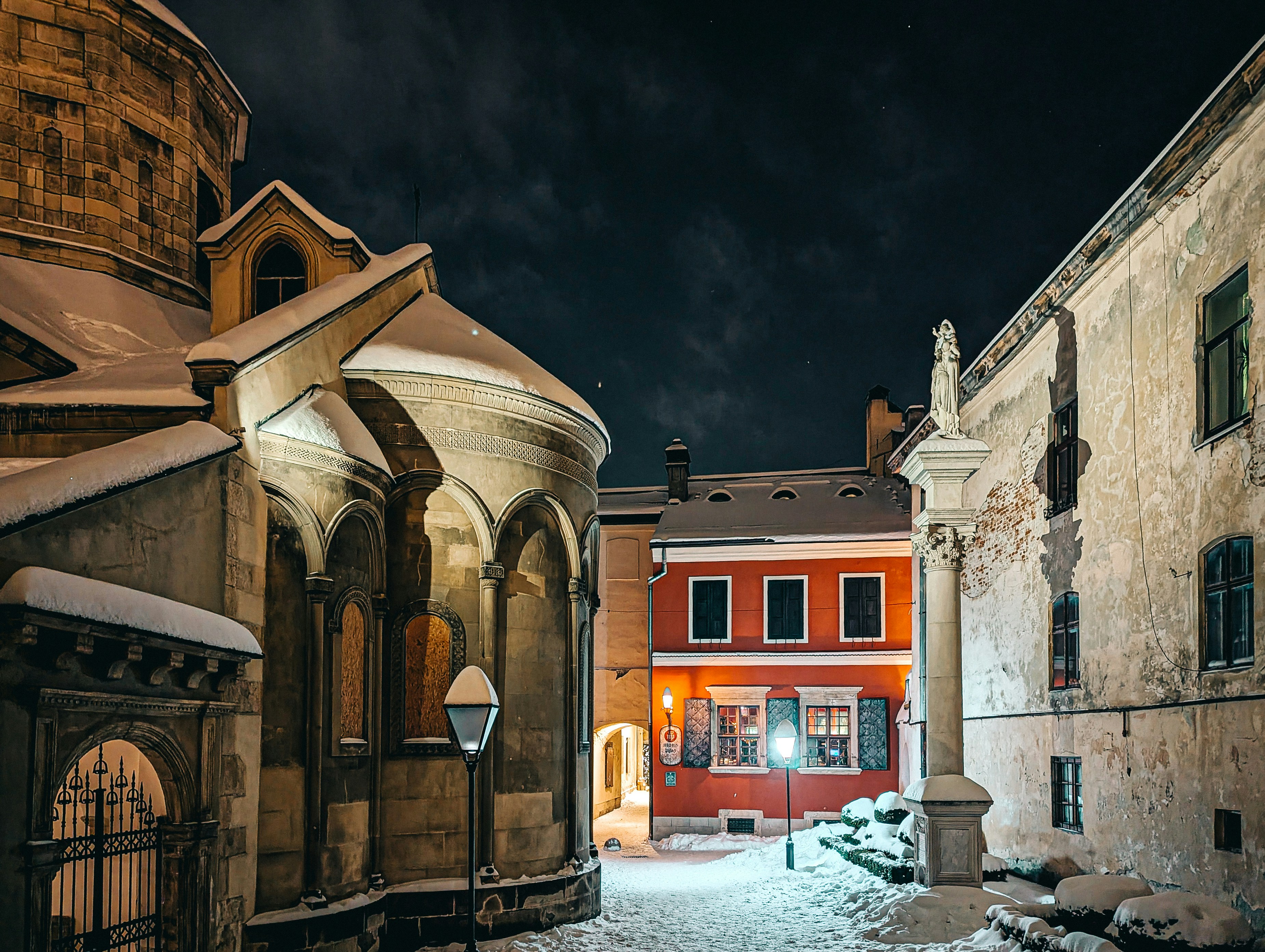 Snow-Covered Night in the Arcaded Town