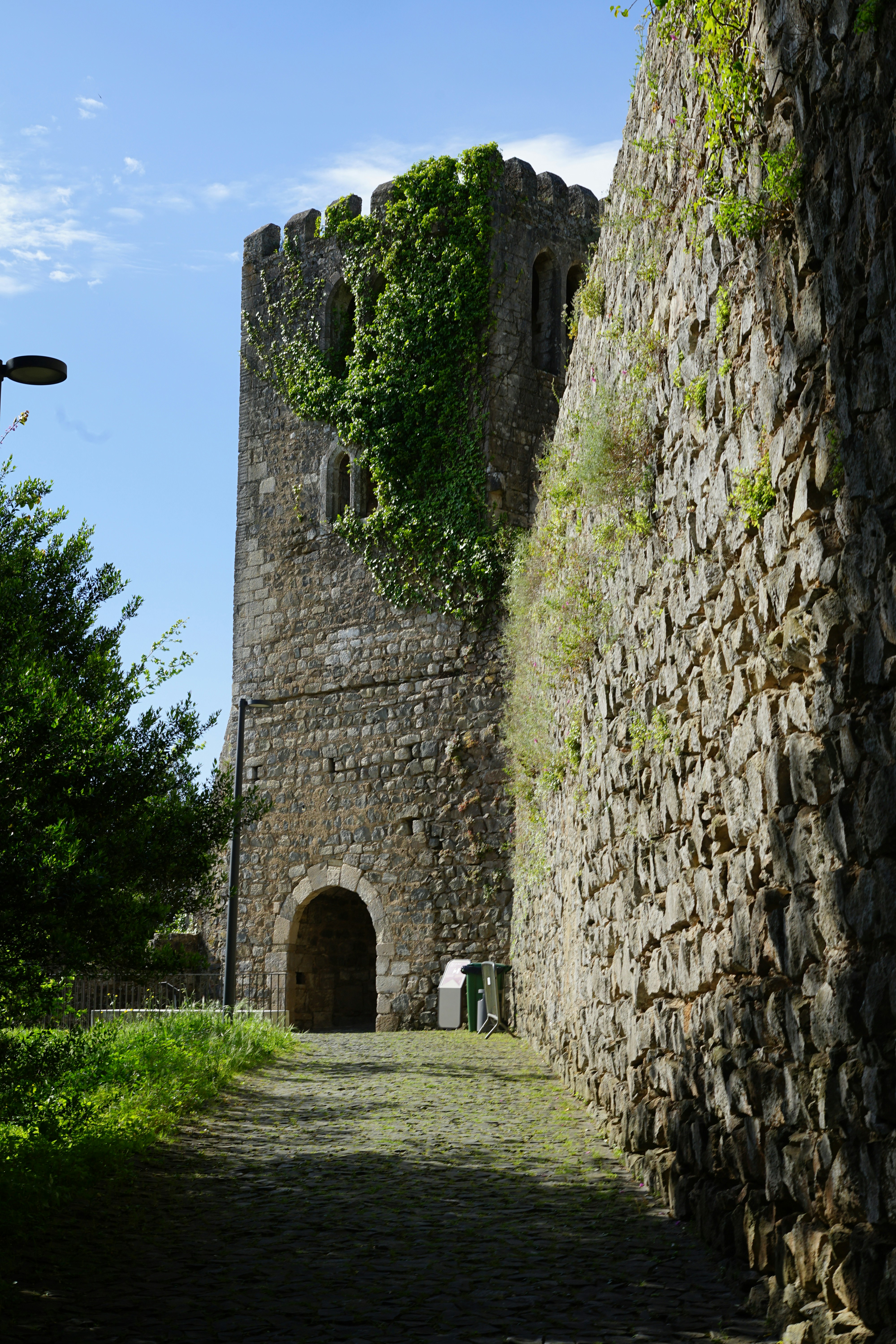  ivy-clad battlement at the end of a mossy cobbled lane