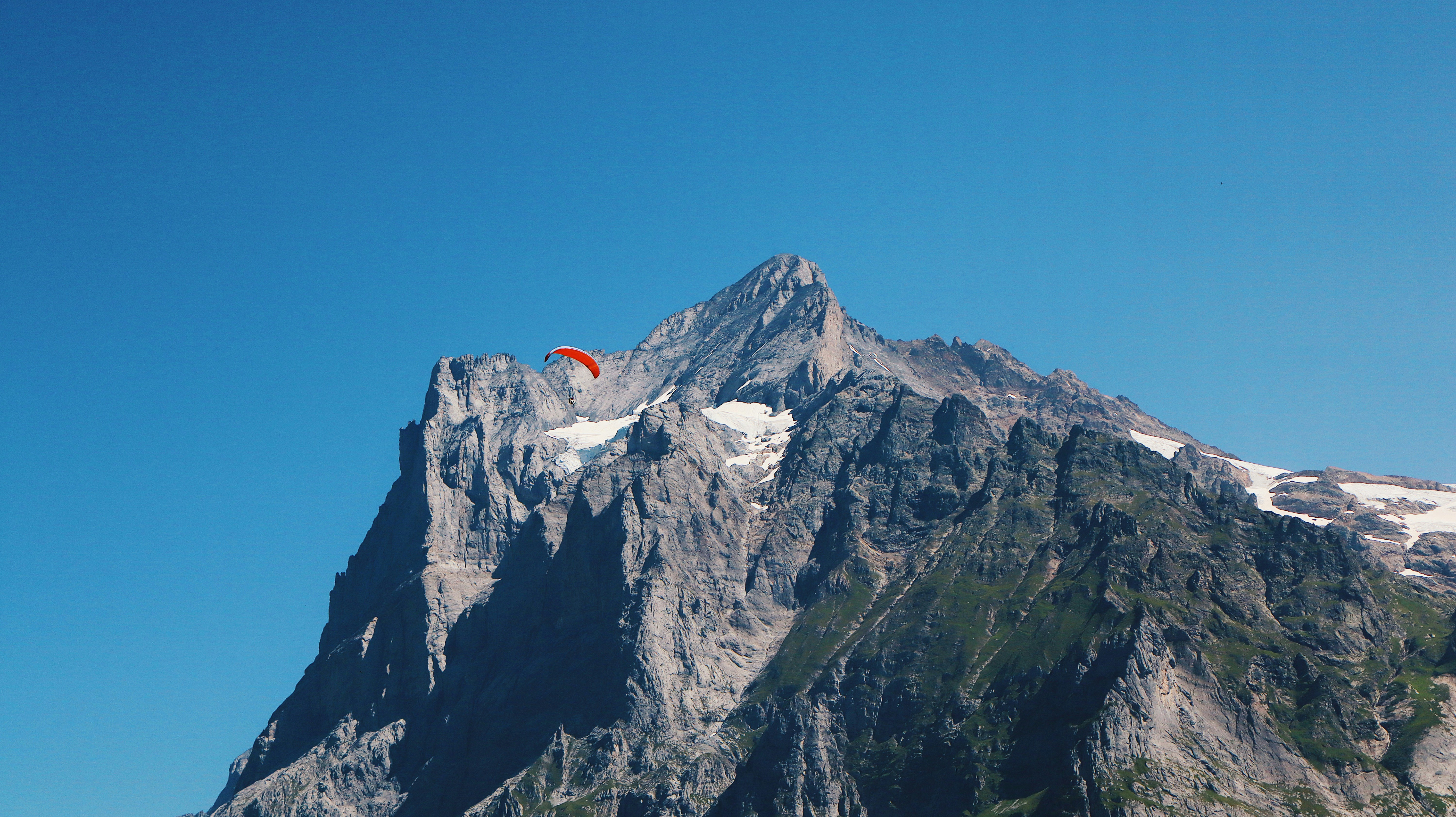 Red Kite above the jagged peak under a clear alpine sky
