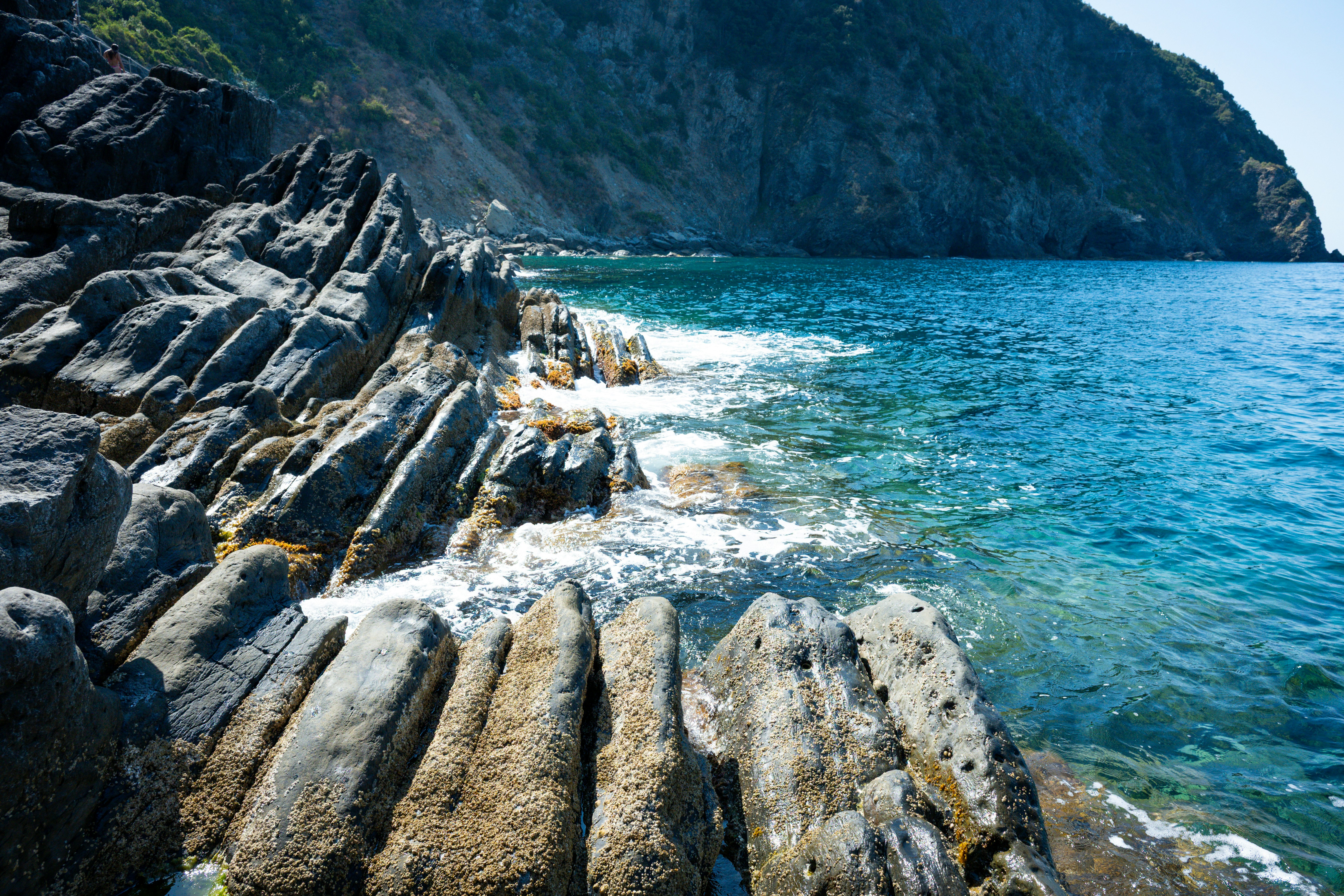 Rugged shoreline ledges meet turquoise surf under a sunlit cliff