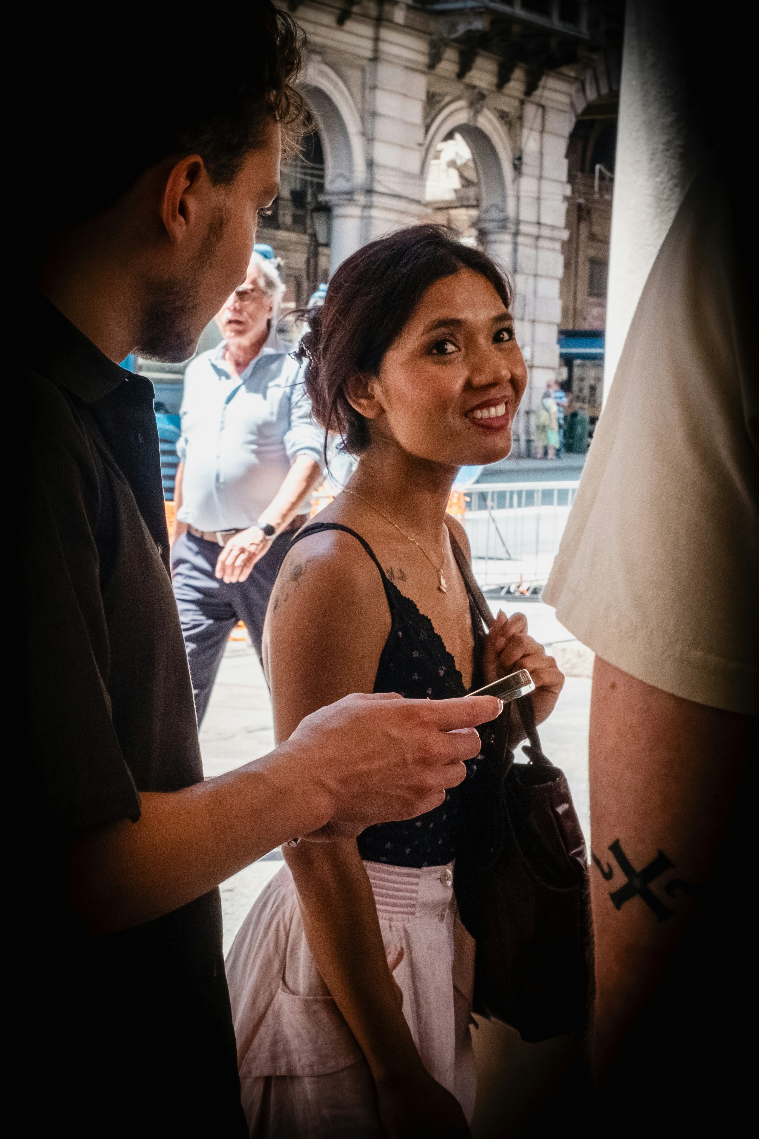 Smiling Moment in the Street Corridor