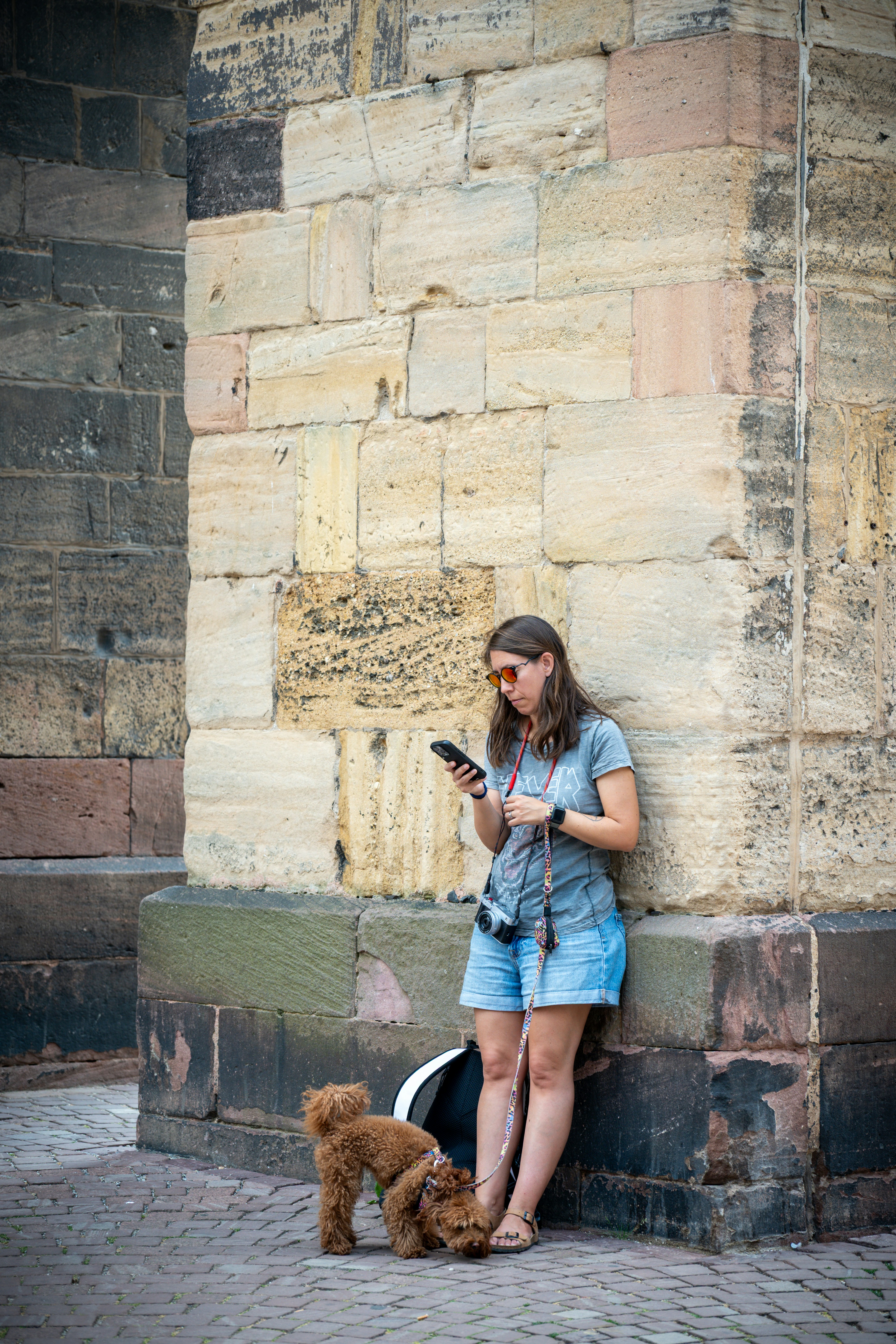 Woman in denim with a small dog by a stone wall, absorbed in her phone