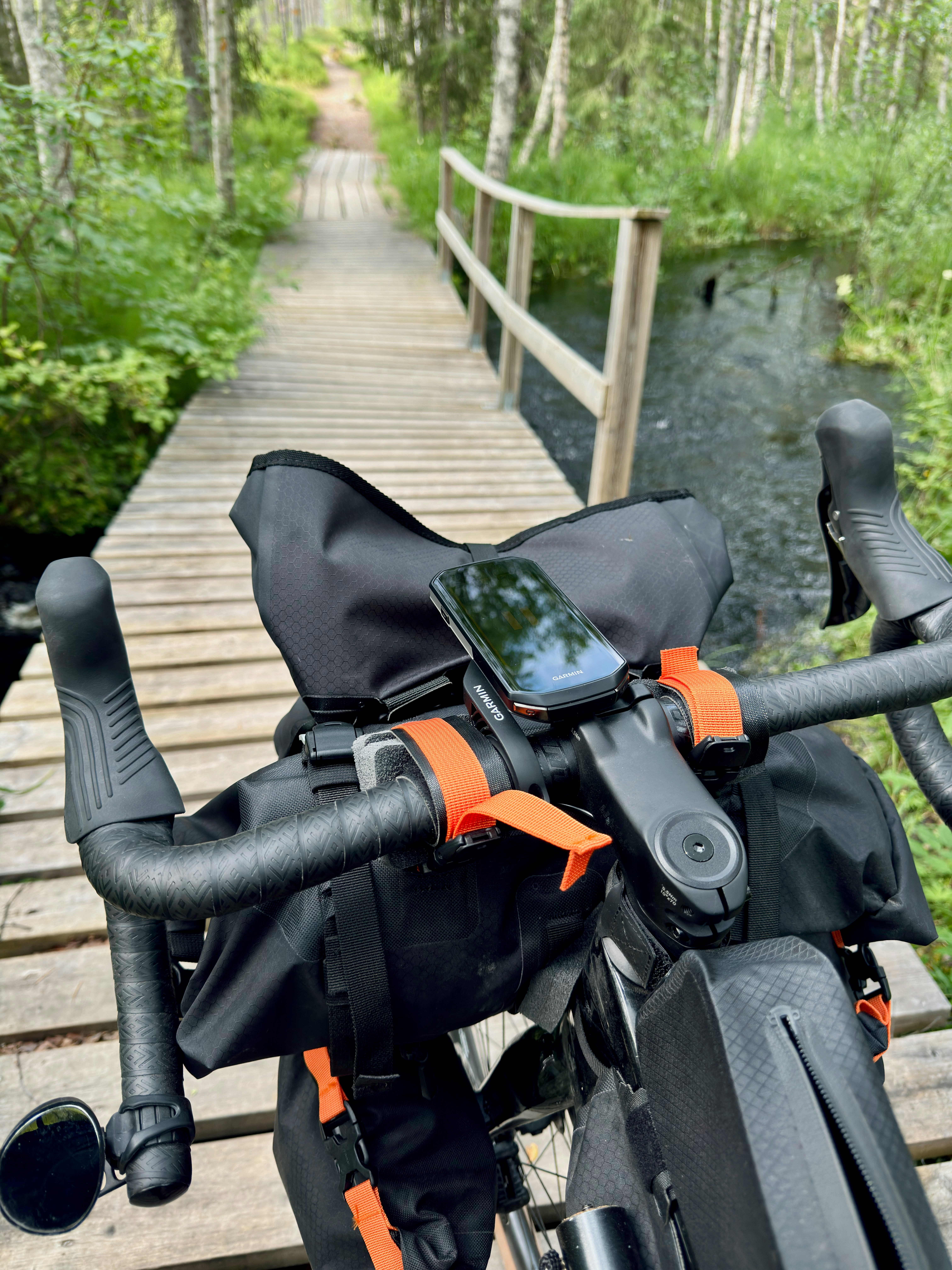 Rugged Road Ahead: A Cyclist’s Setup on a Forest Boardwalk