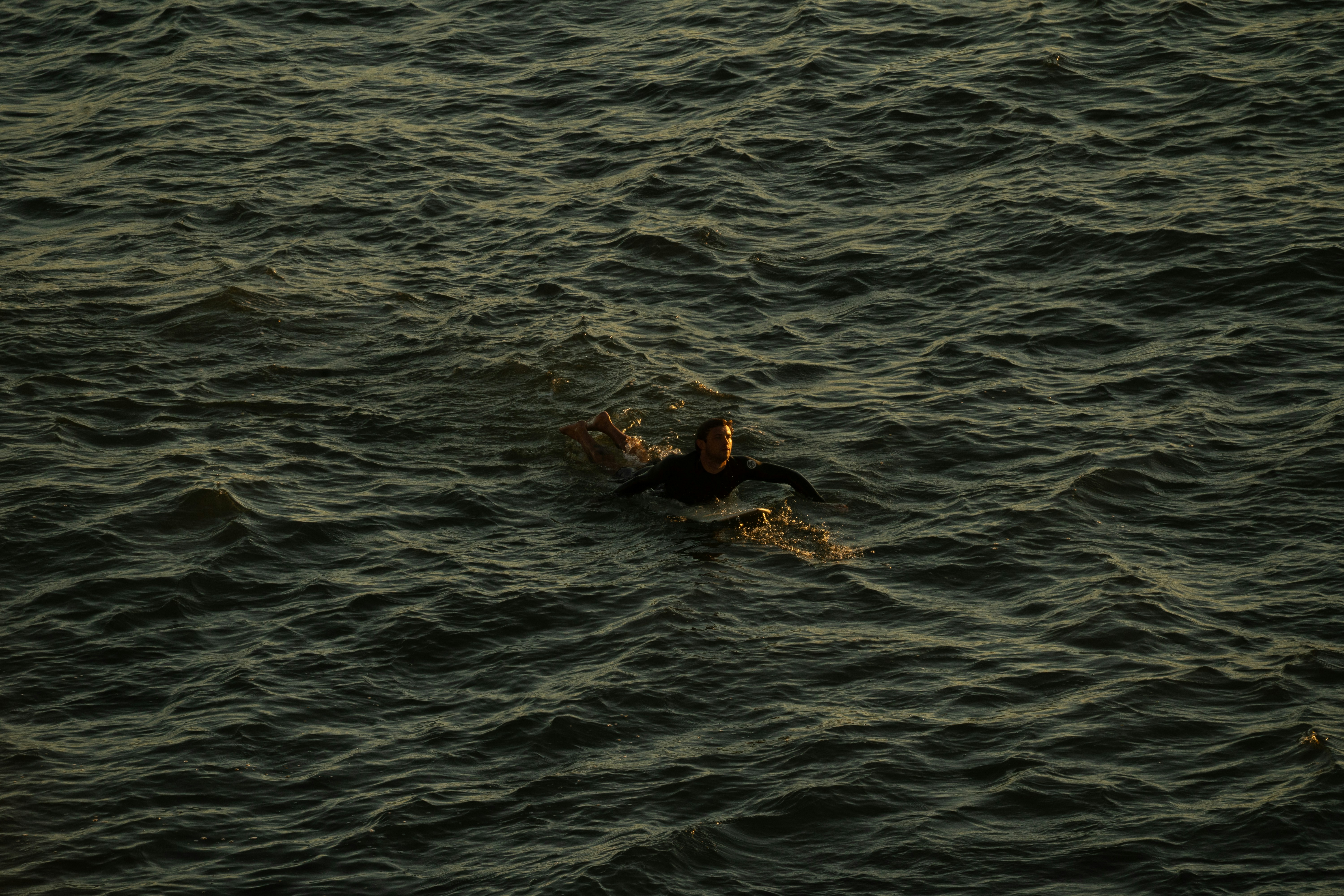 Emerging at Dusk: A Lone Swimmer Carves Through Quiet Waves