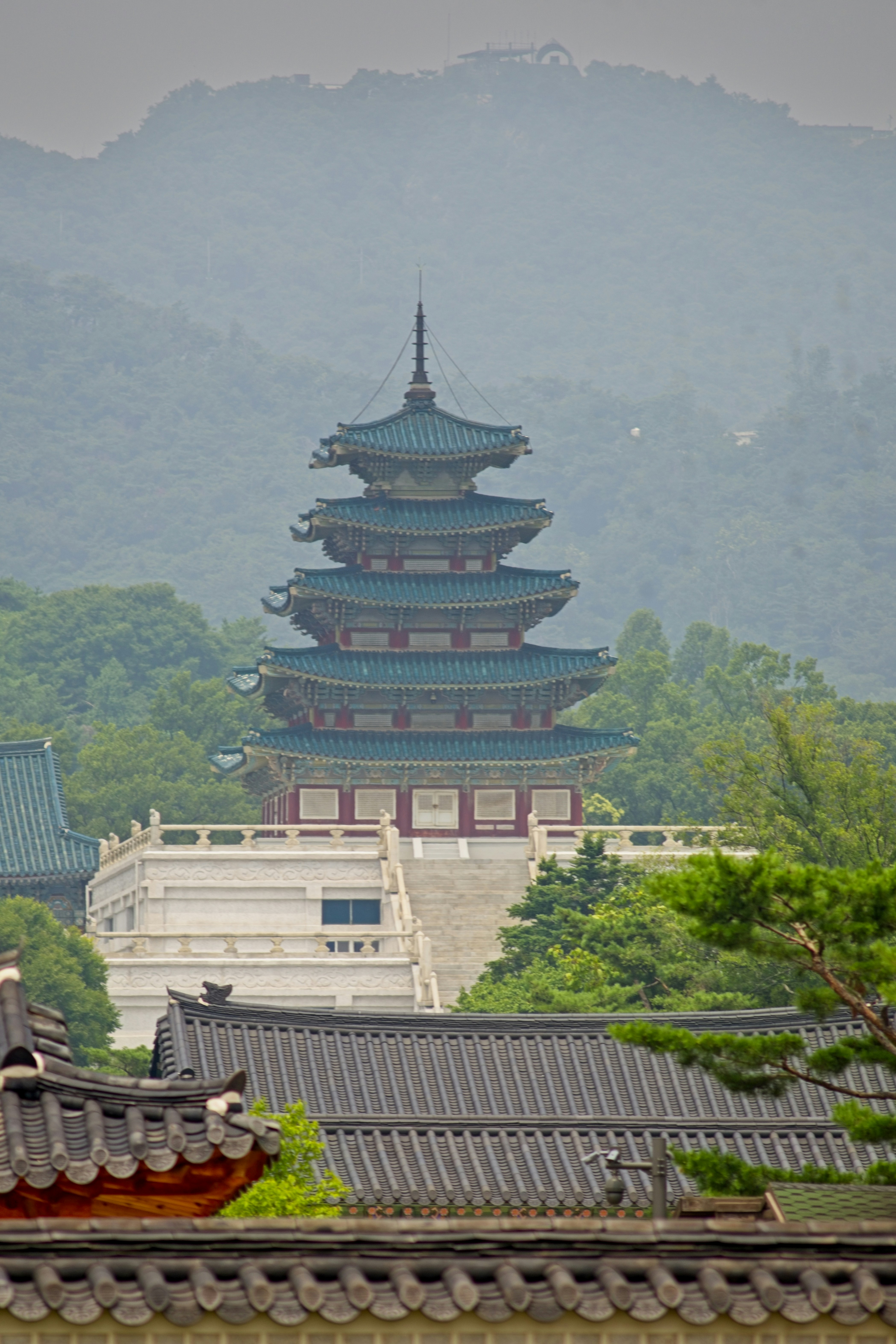 Five-Tiered Pagoda Rising Above traditional Roofscape