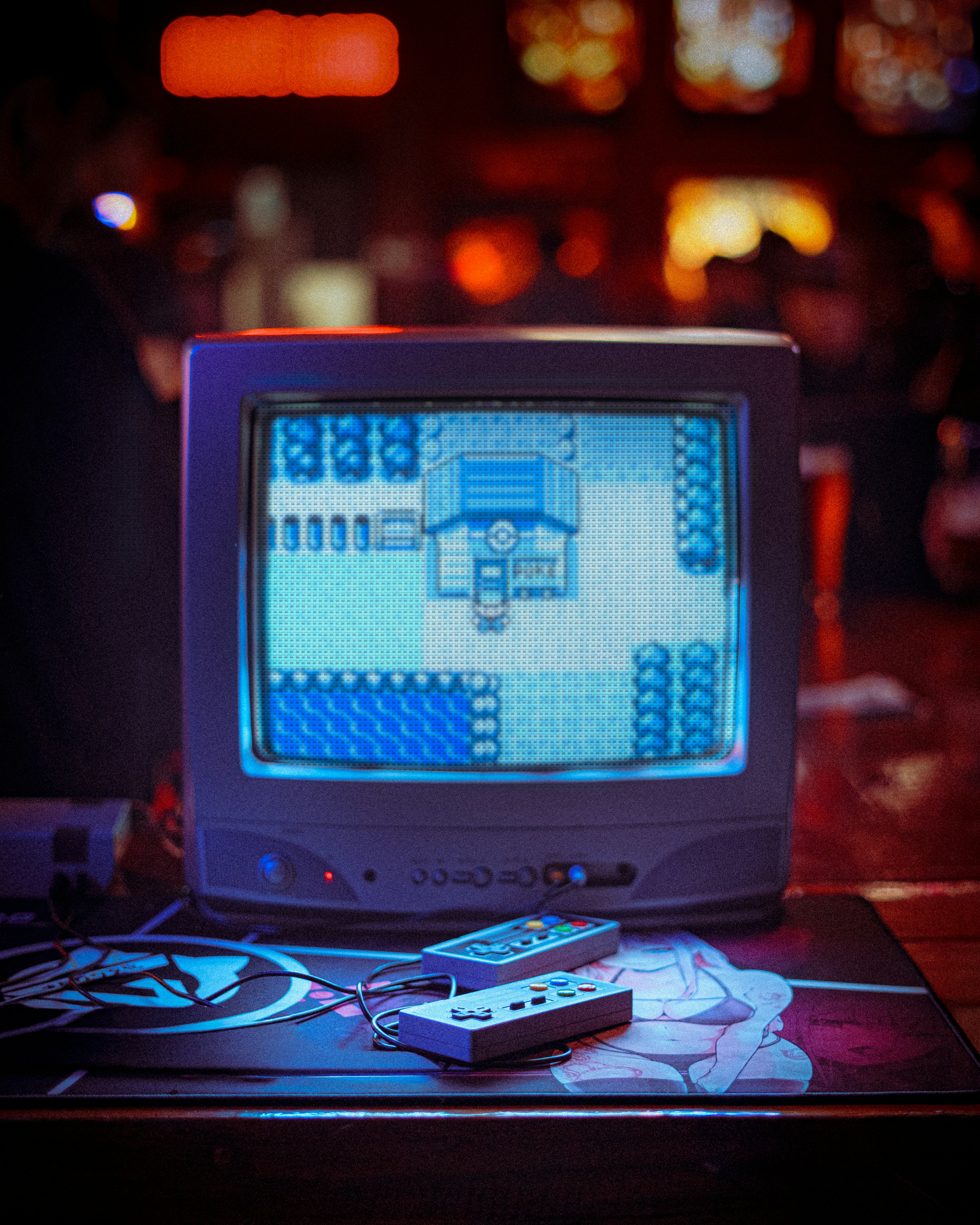 Retro Pixel Pulse: A Tiny CRT Glow in a Barroom Night