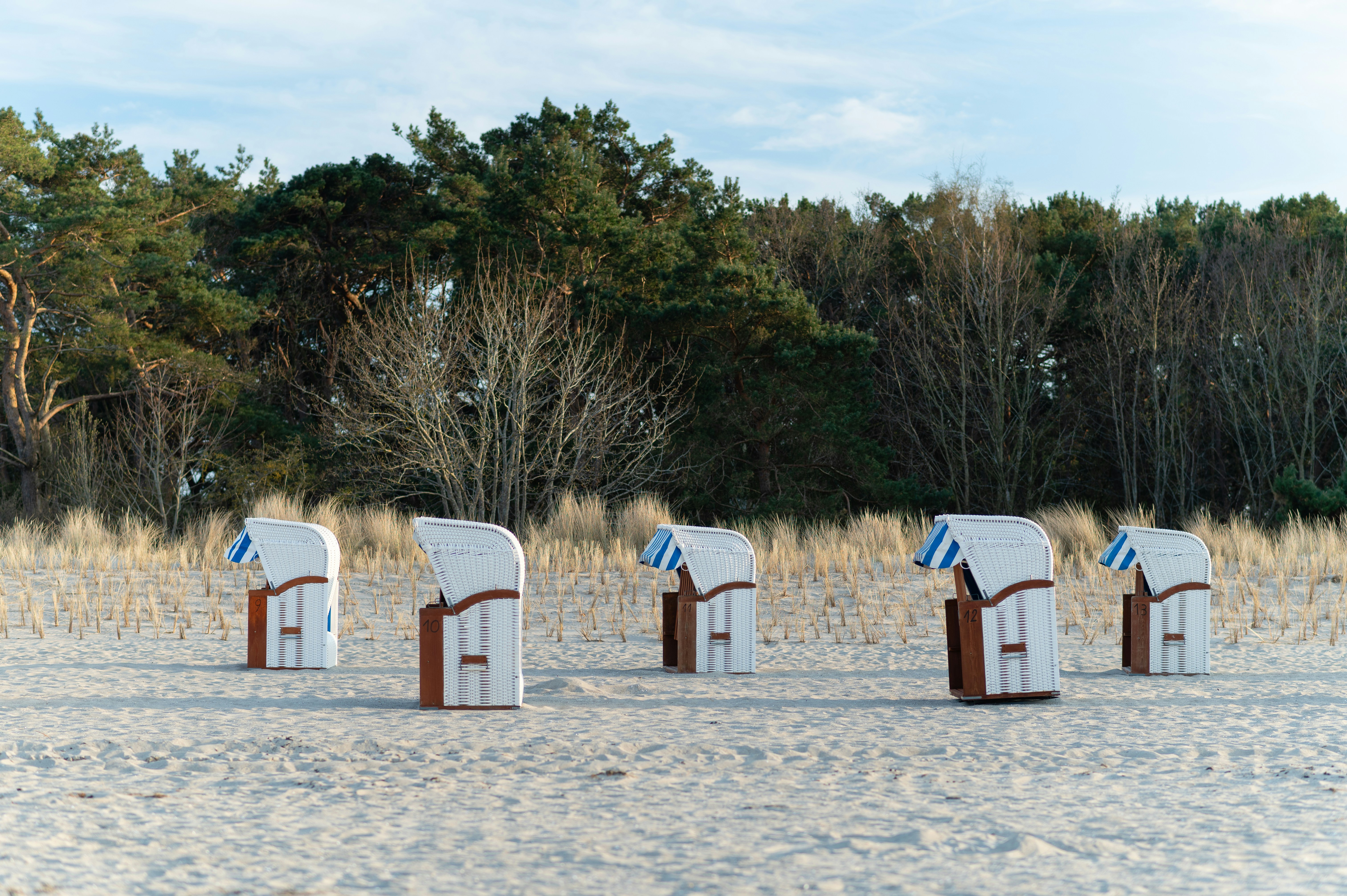 Row of Beach Cabins Stand at Quiet Shoreline