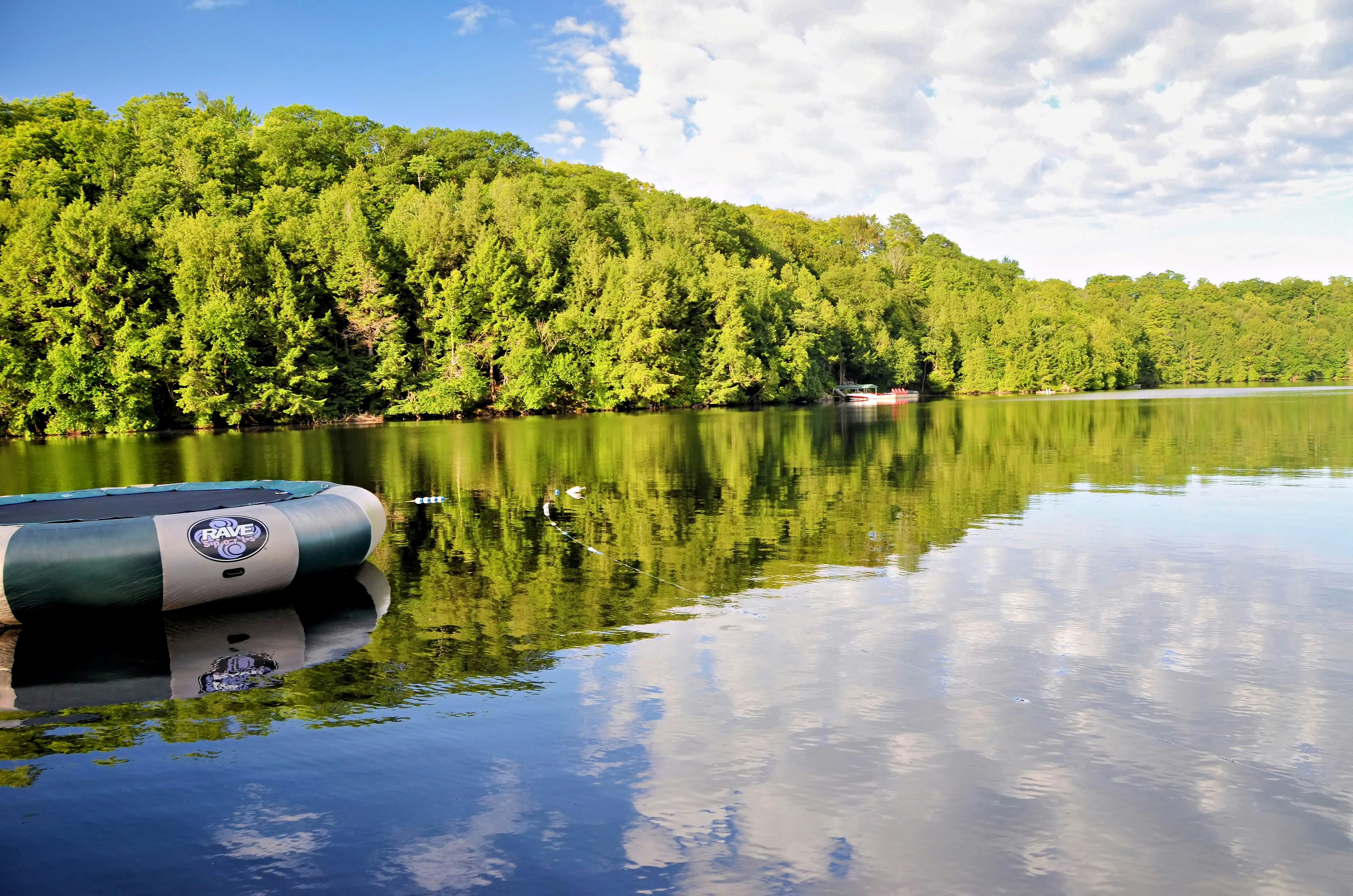 Calm Lakeside with Floating Dock and Emerald Trees