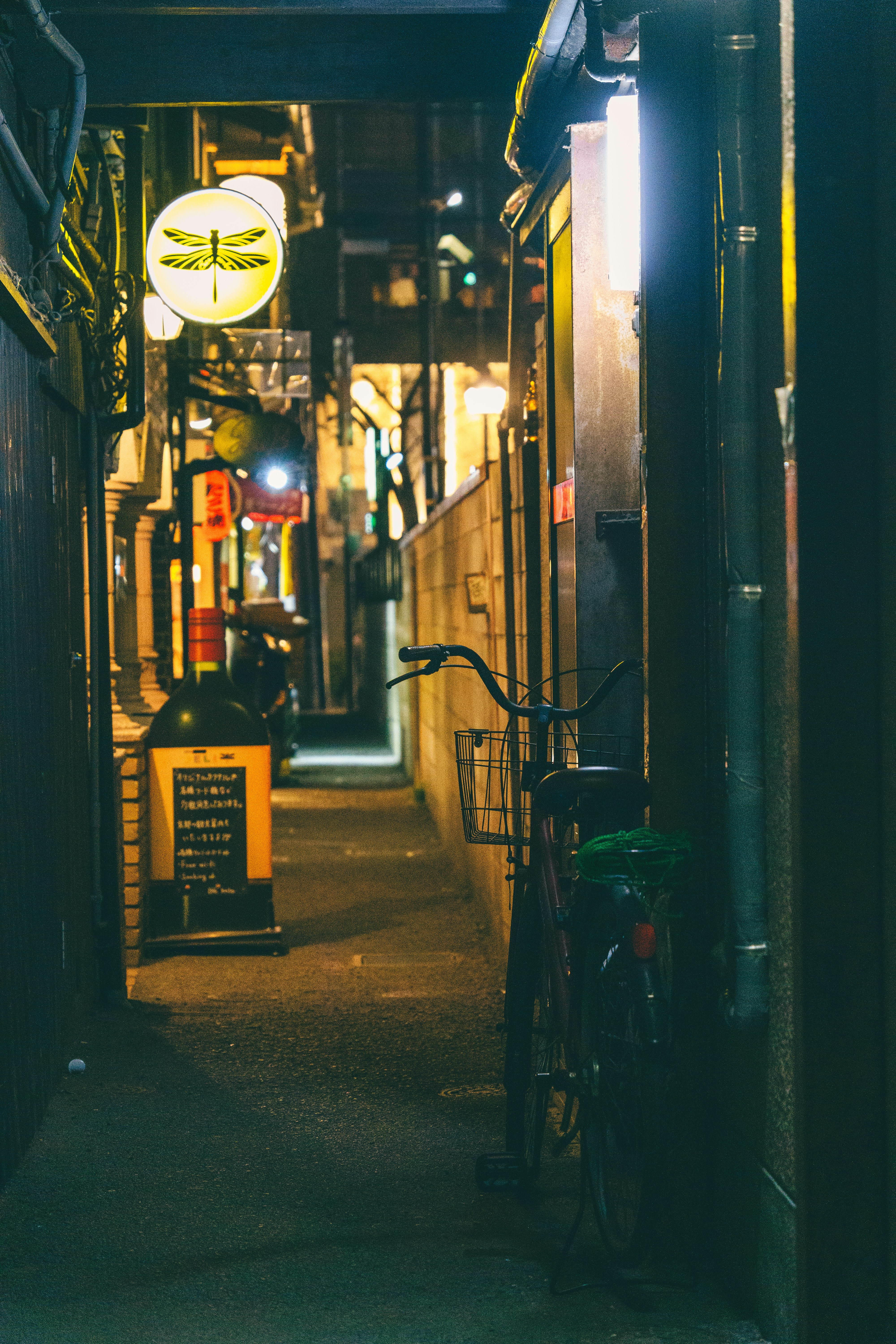Neon Alleyway: Scootered Glow and Bicycle Echoes