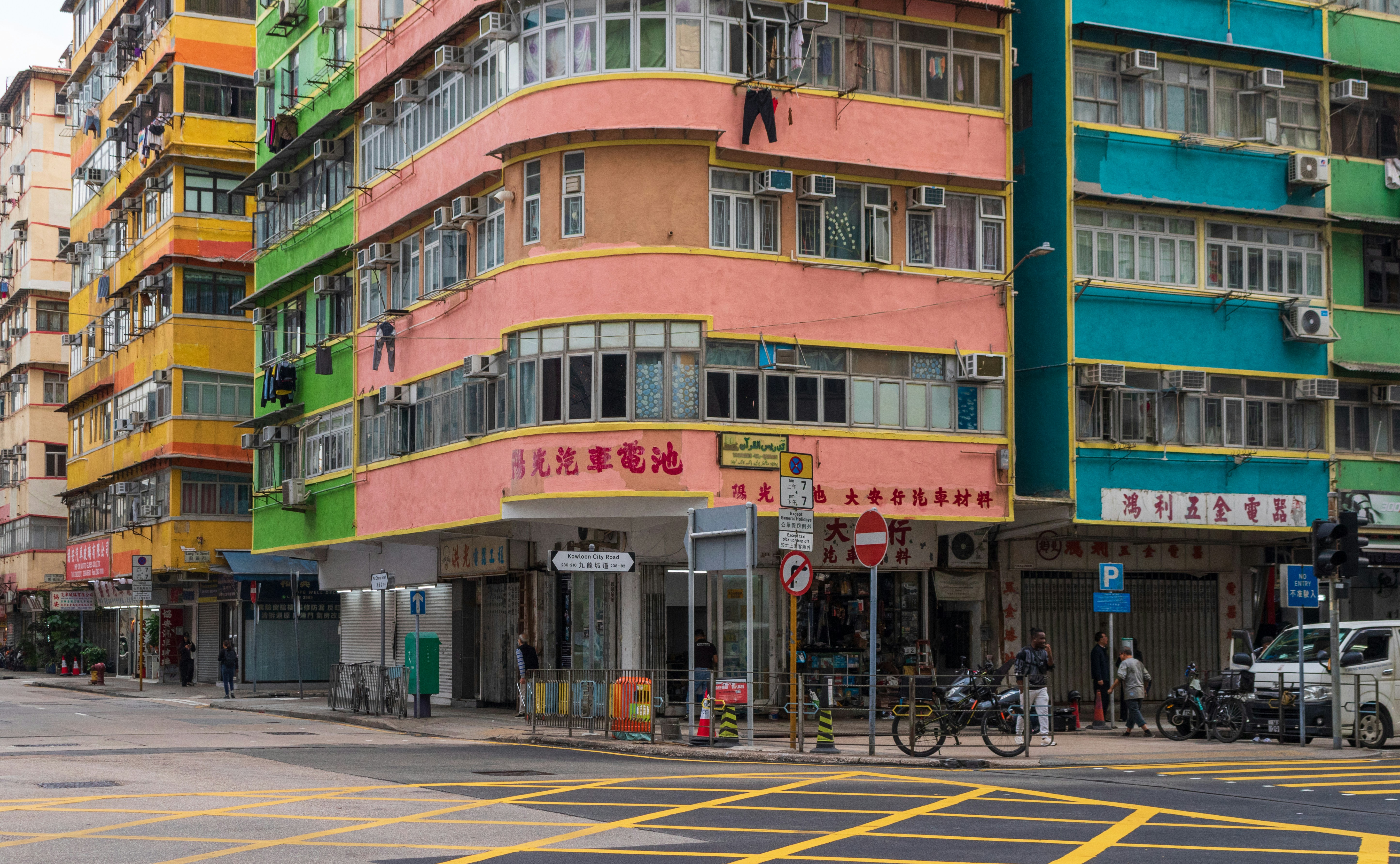 Colorful Facade Rhythm: A Busy Street in an Urban Corner