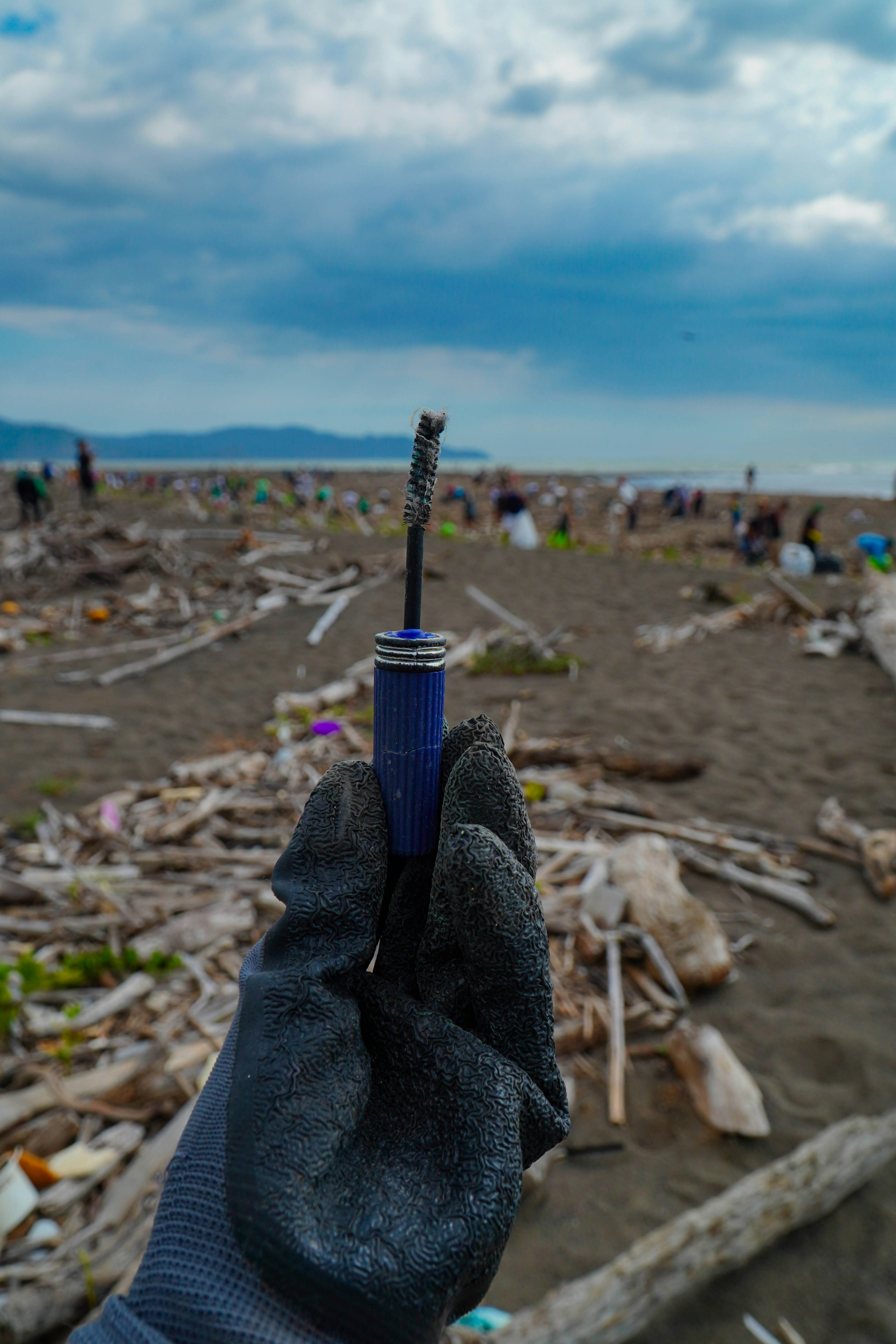 Driftwood Beach Cleanup: A Precision Moment with a Drenched Glove and a Brush