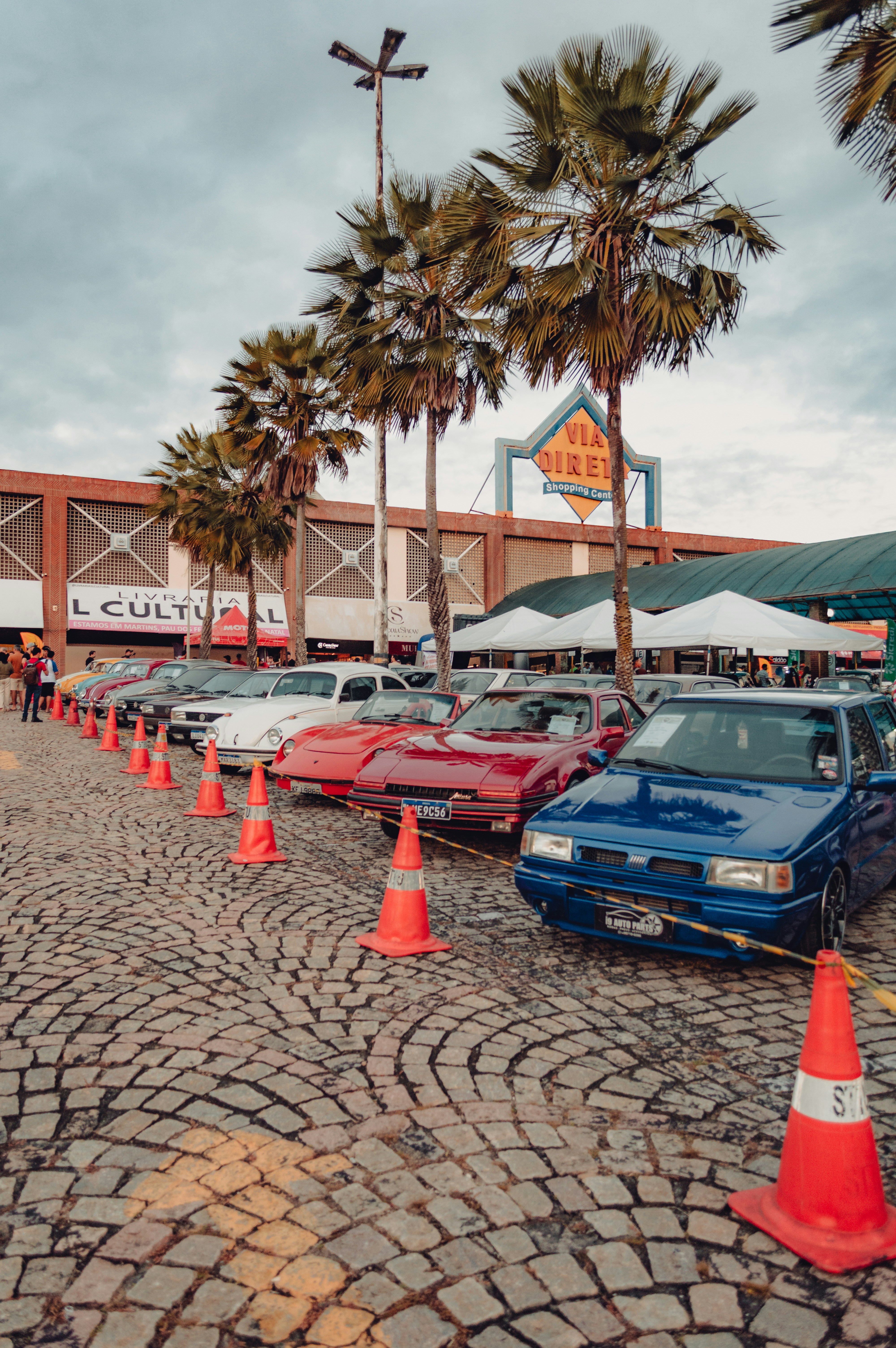 Orange Traffic Cones Lead the Line of Classic Cars Outside a Shaded Market