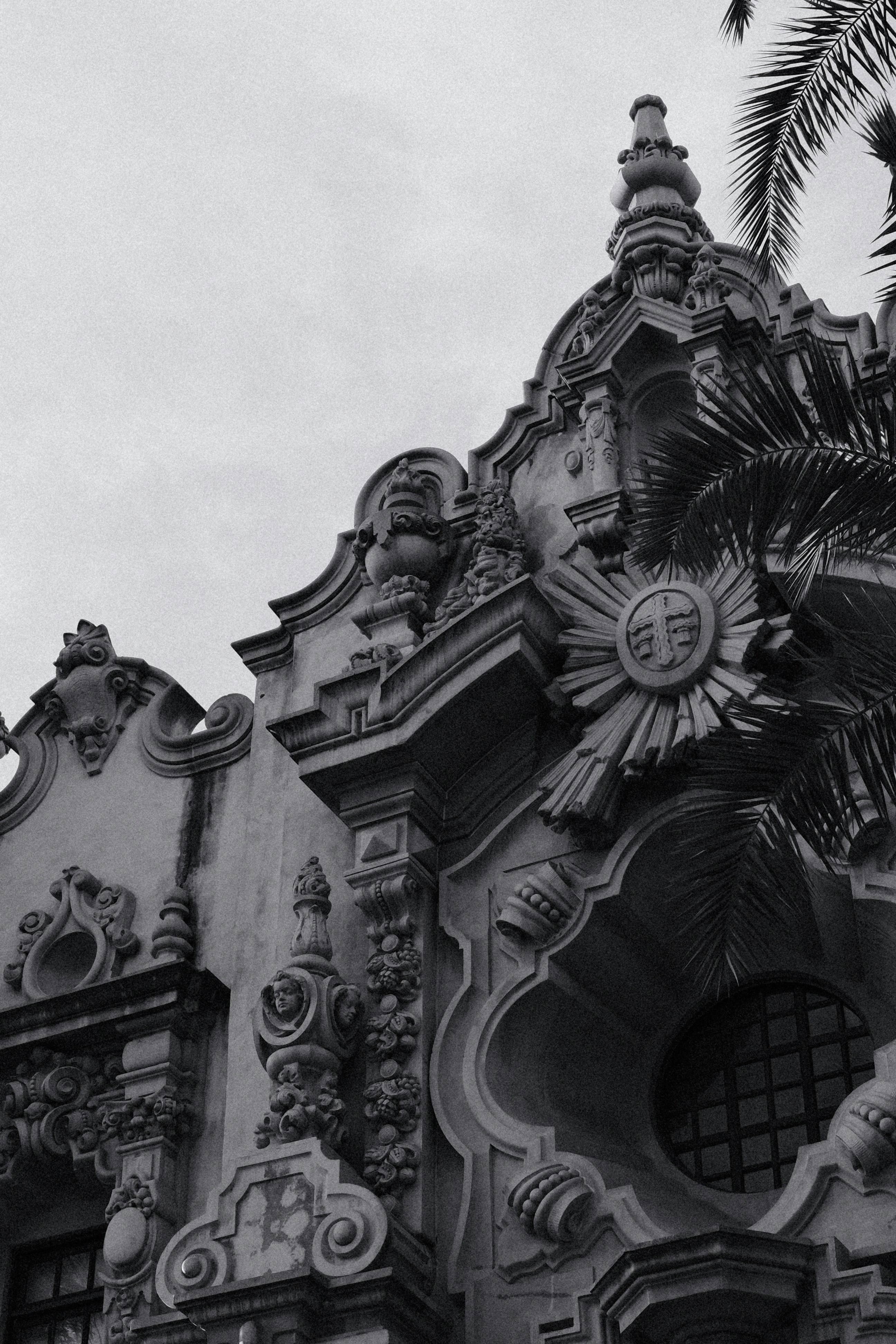 Ornate Facade Silhouetted by Palm