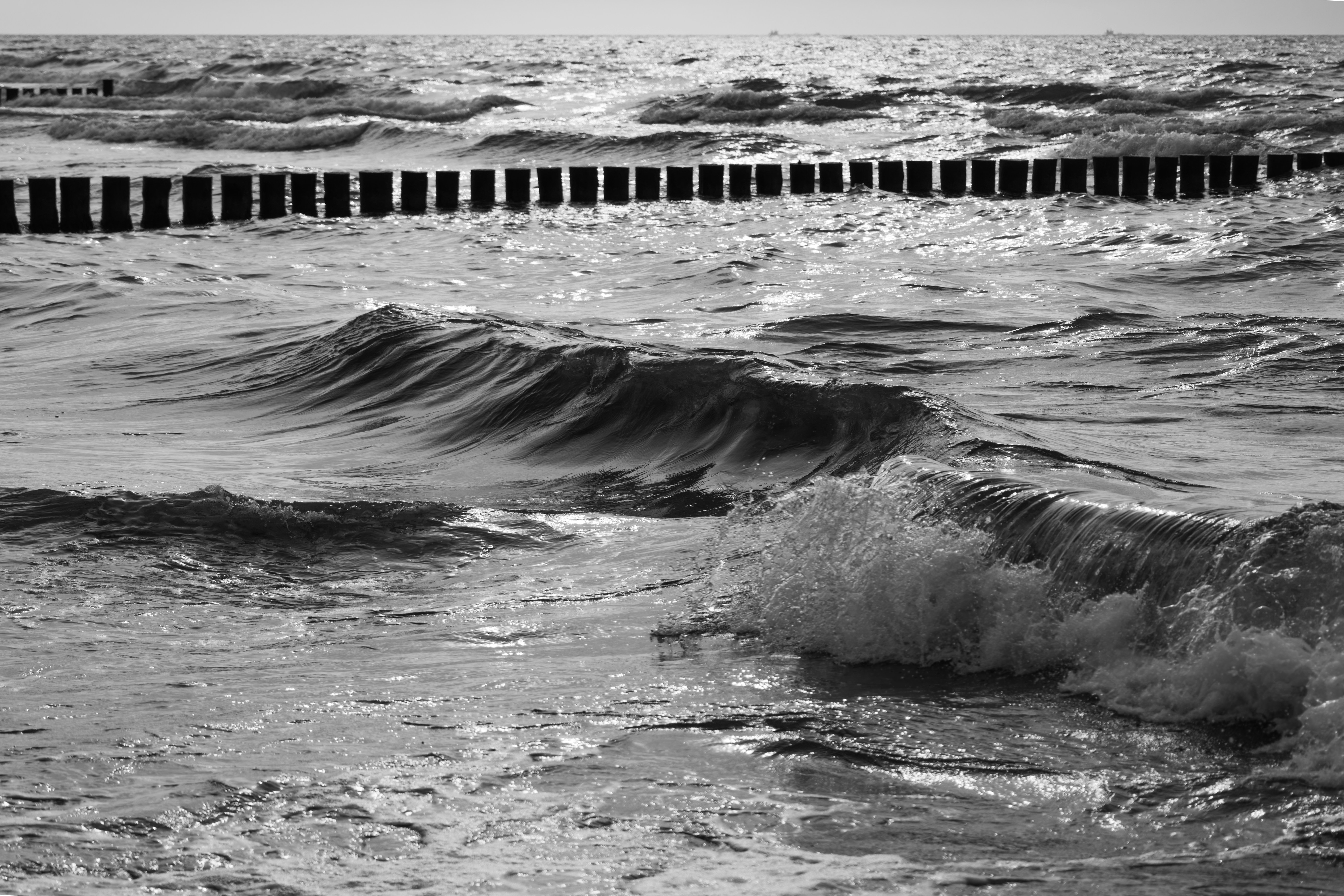 Coastal Crest: Rhythmic Waves and Distant Breakwater
