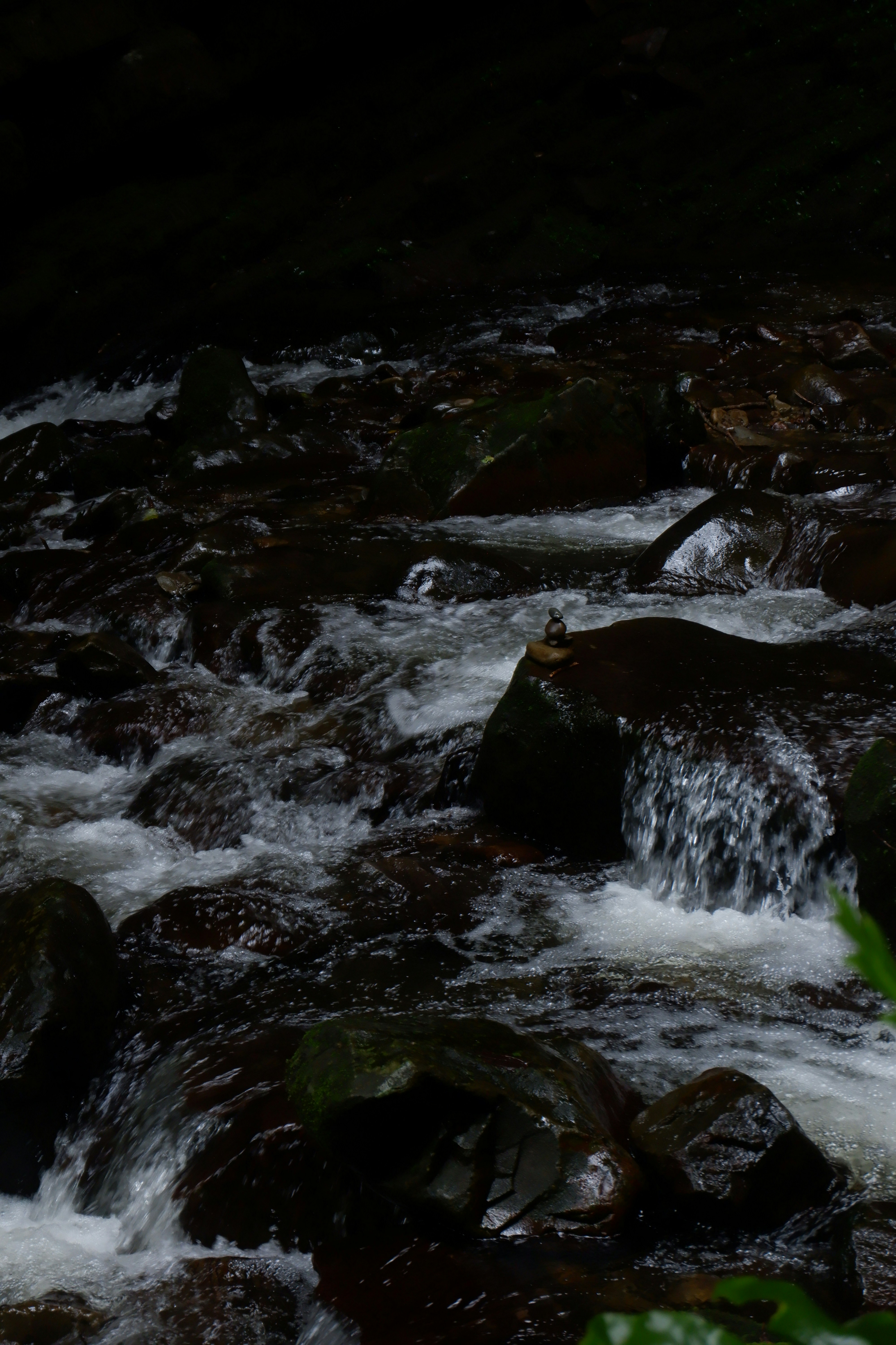 Moonlit Cascade: A Dark Stream Tumbling Over Mossy Stones