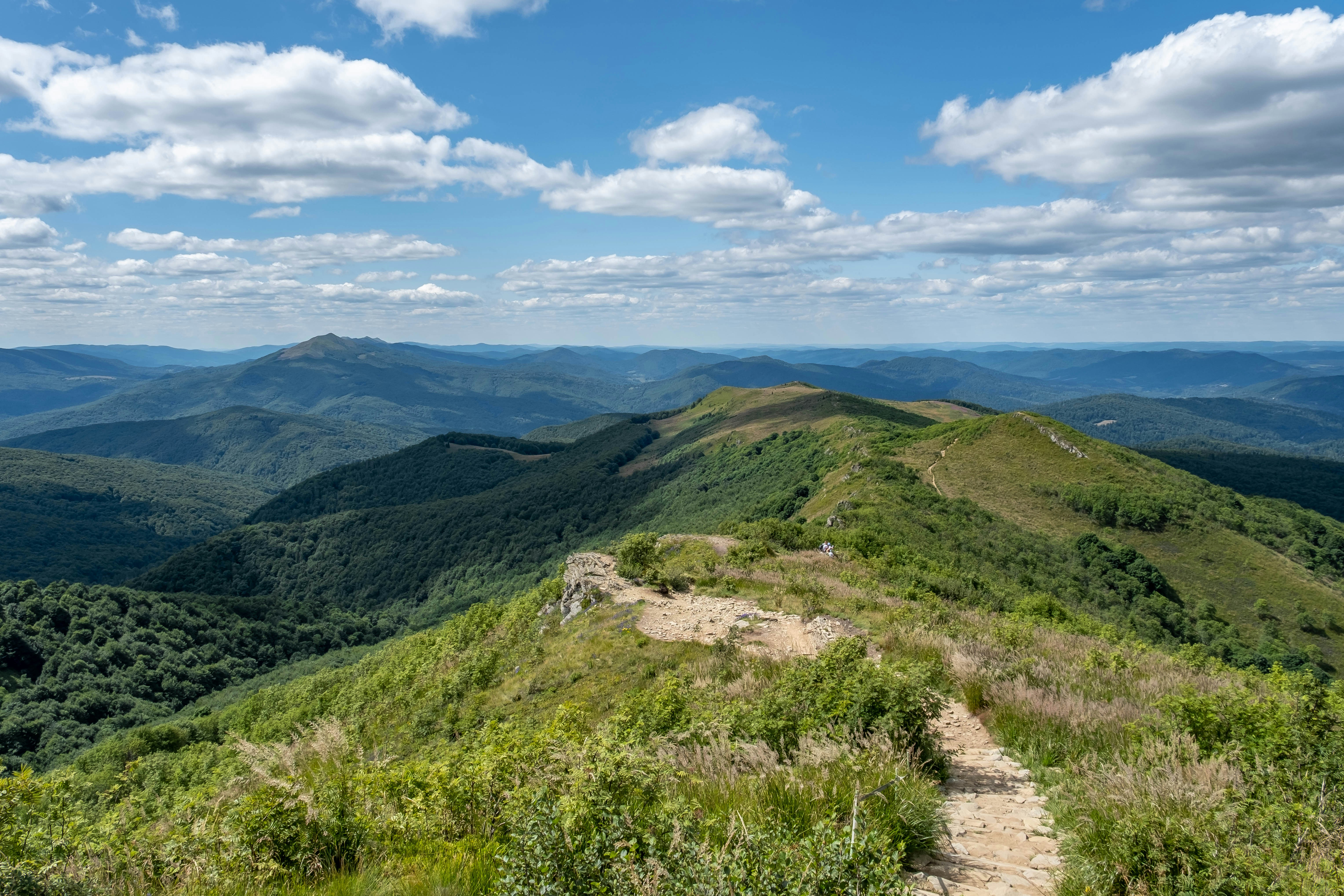 Trail to the Crest: A Sunlit Ridge Overlooking Rolling Green Valleys