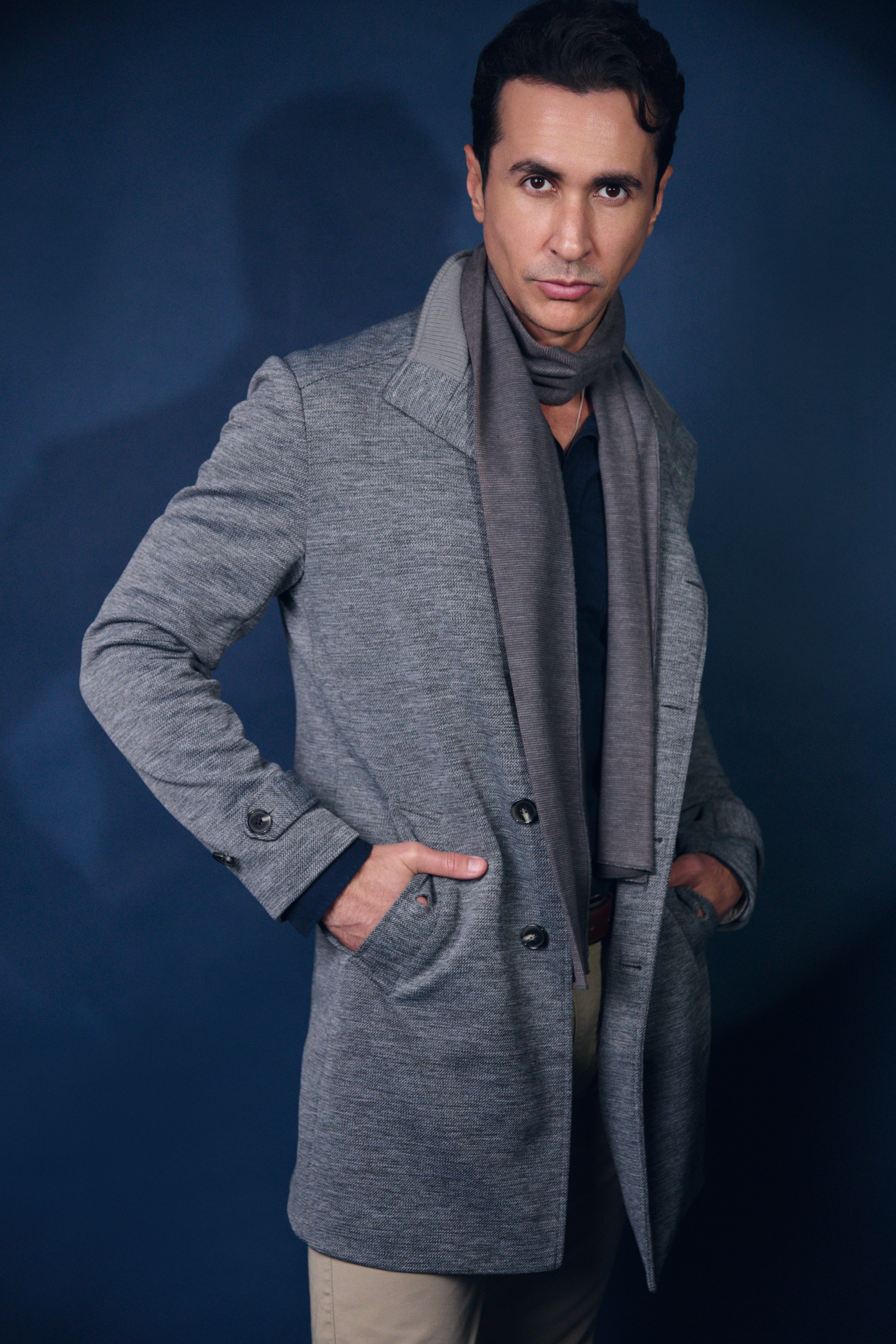 Midnight Navy: A Portrait in Grey Wool and Velvet Scarves