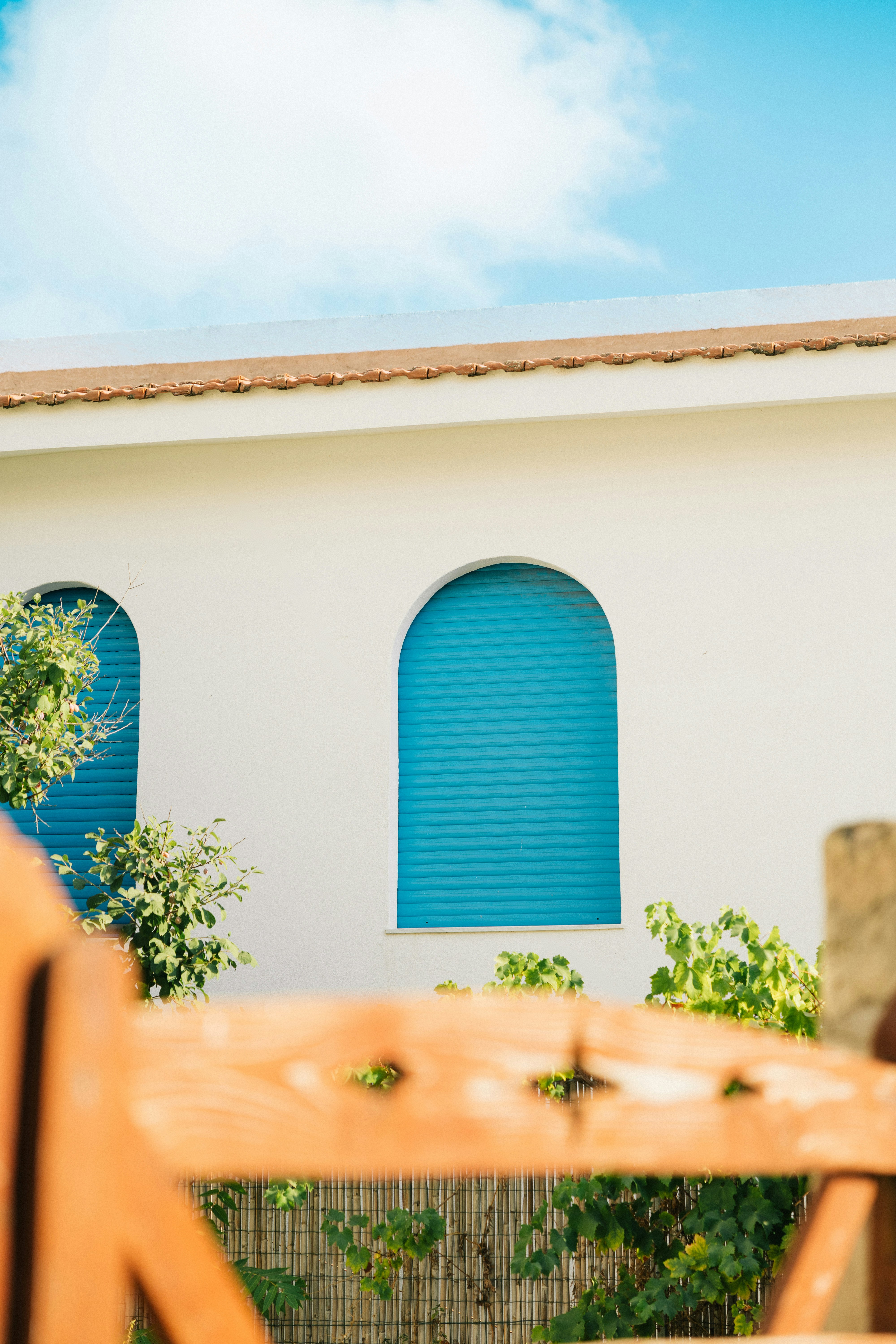 Blue-Arched Windows in Sunlit Courtyard