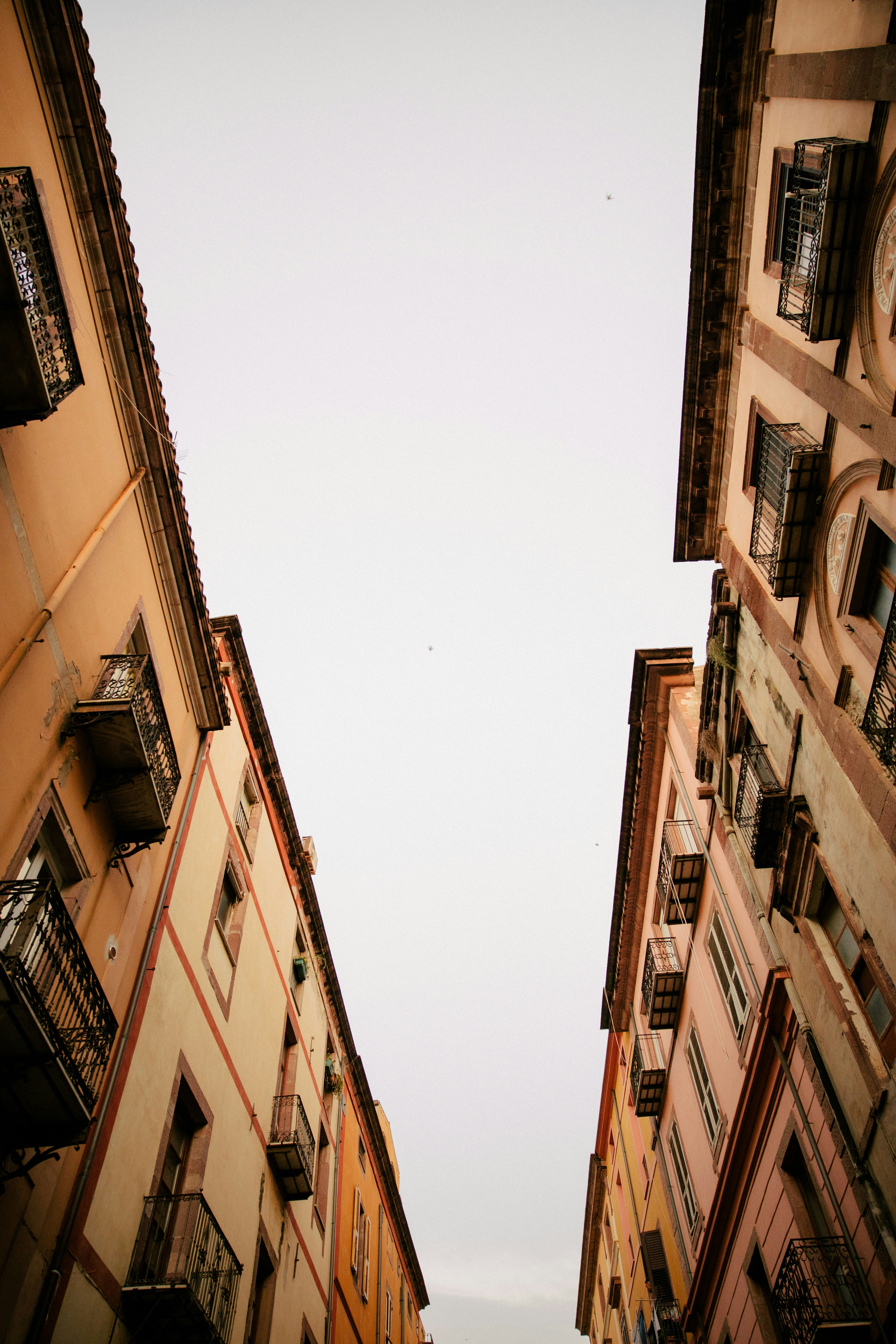 Tall, sunlit canyon of pastel facades reaching toward a pale sky