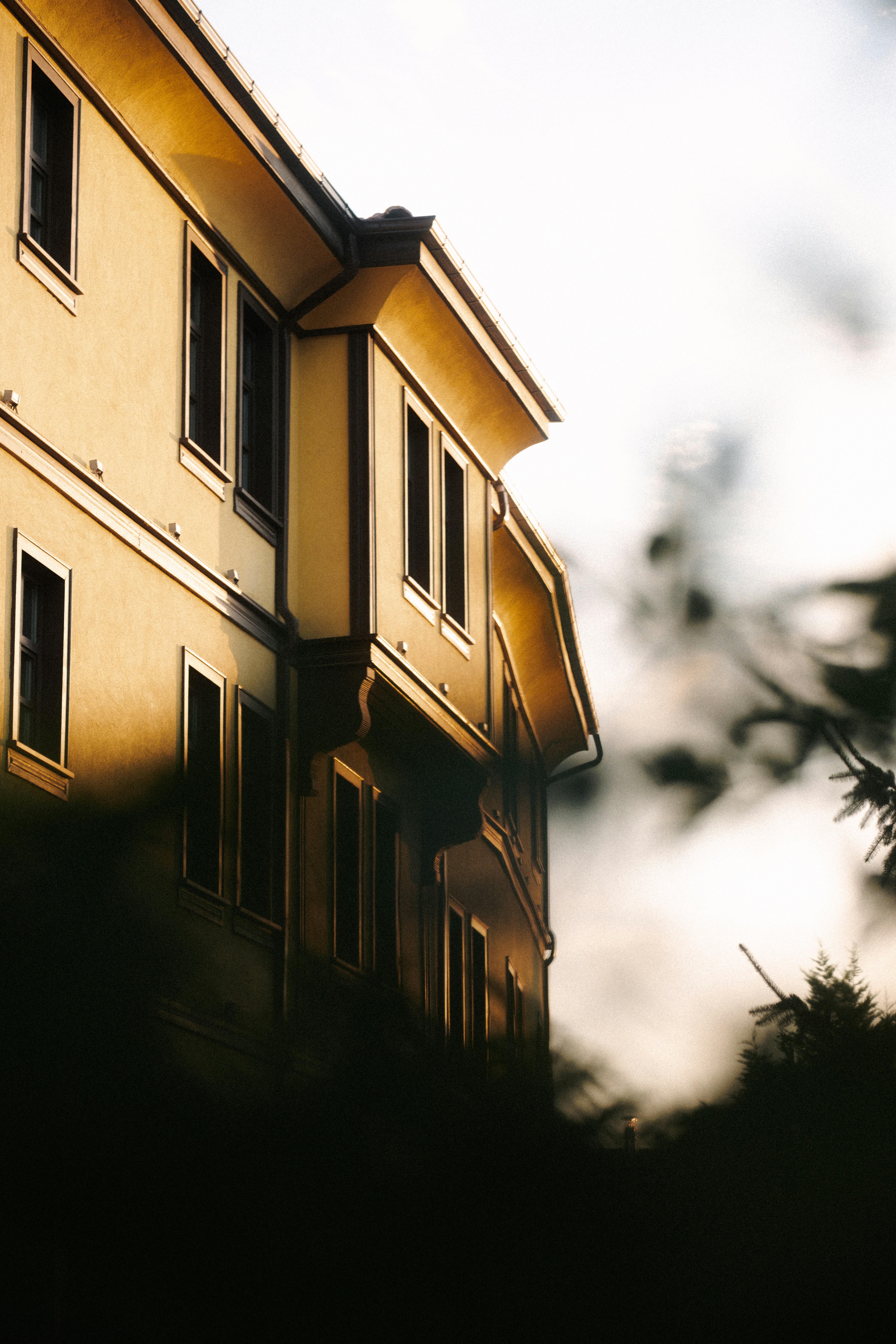 Sunlit Corner: A Yellow Apartment Facade Reaching Toward the Sky