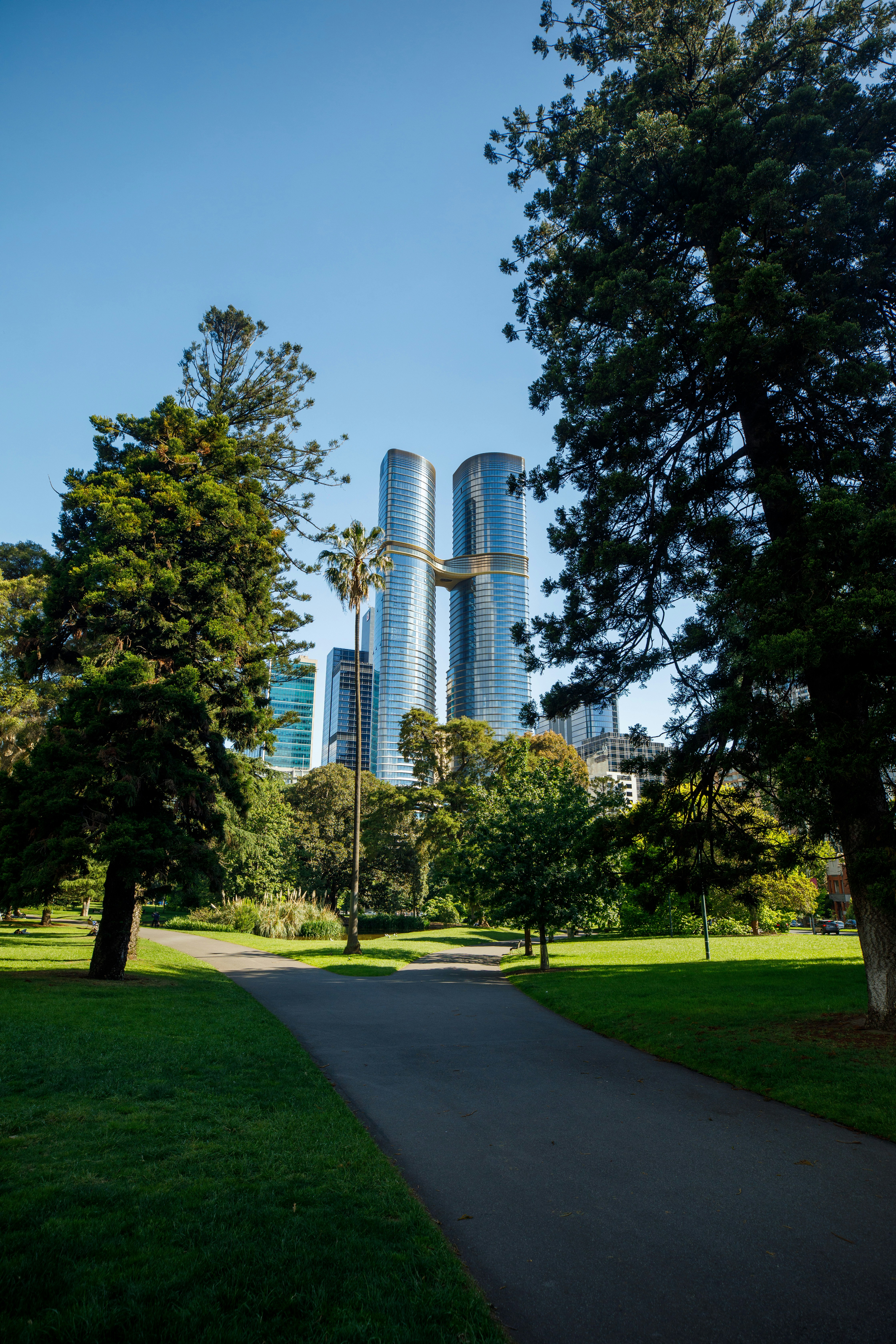 Sunlit Park Path Toward Twin Glass Towers